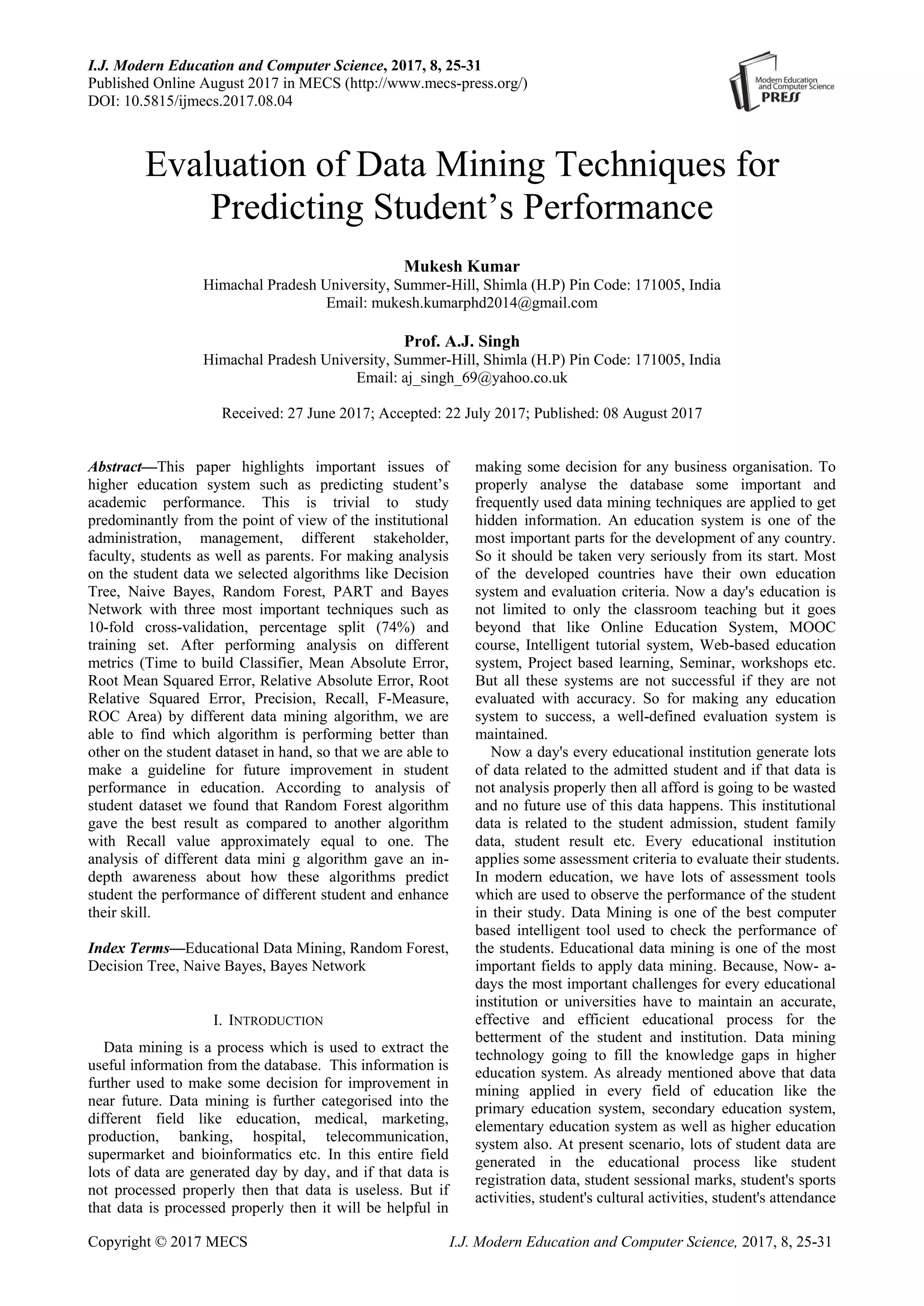 Evaluation of Data Mining Techniques for Predicting Student’s Performance | PDF