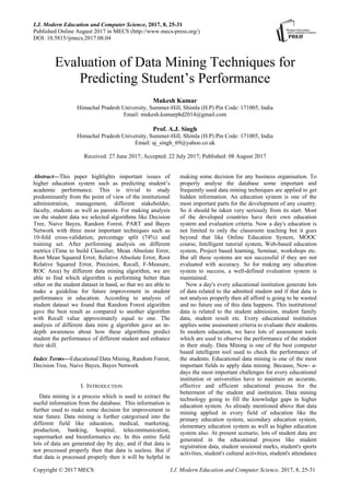 Evaluation of Data Mining Techniques for Predicting Student’s Performance | PDF