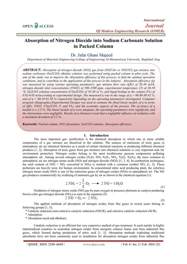Absorption of Nitrogen Dioxide into Sodium Carbonate Solution in Packed Column | PDF