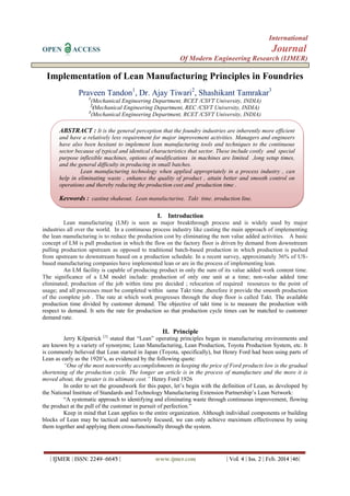 Implementation of Lean Manufacturing Principles in Foundries | PDF