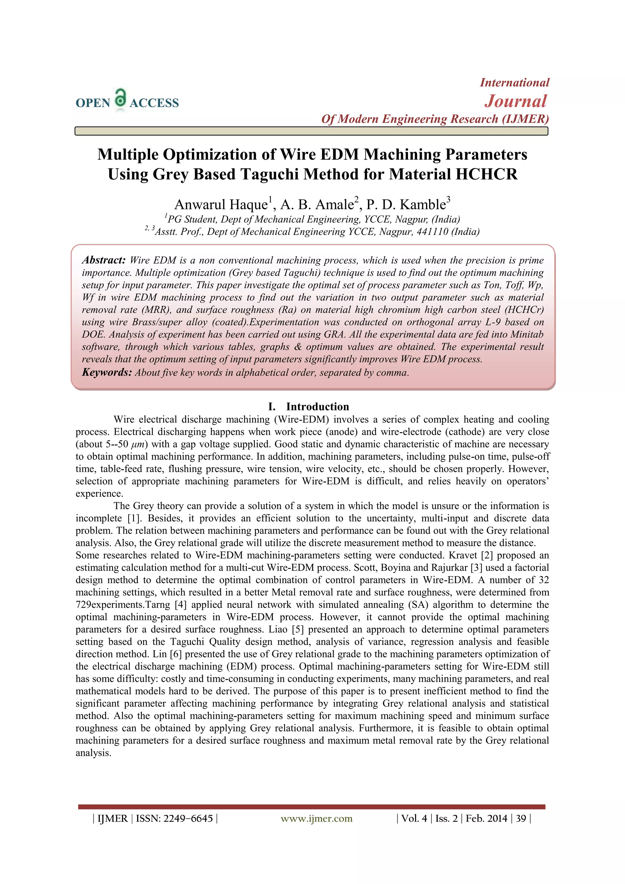 Multiple Optimization of Wire EDM Machining Parameters Using Grey Based Taguchi Method for ...