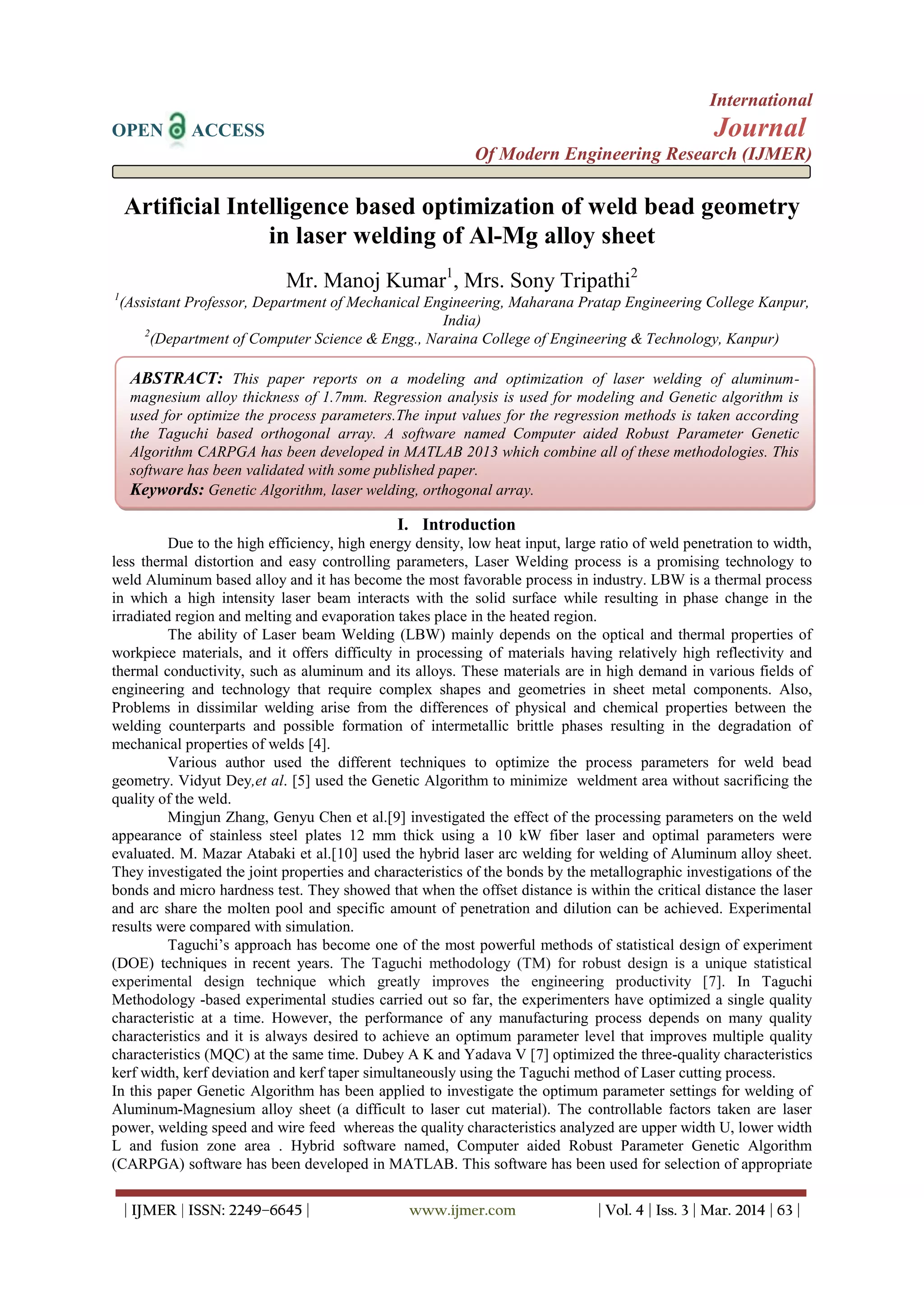 Artificial Intelligence based optimization of weld bead geometry in laser welding of Al-Mg alloy ...