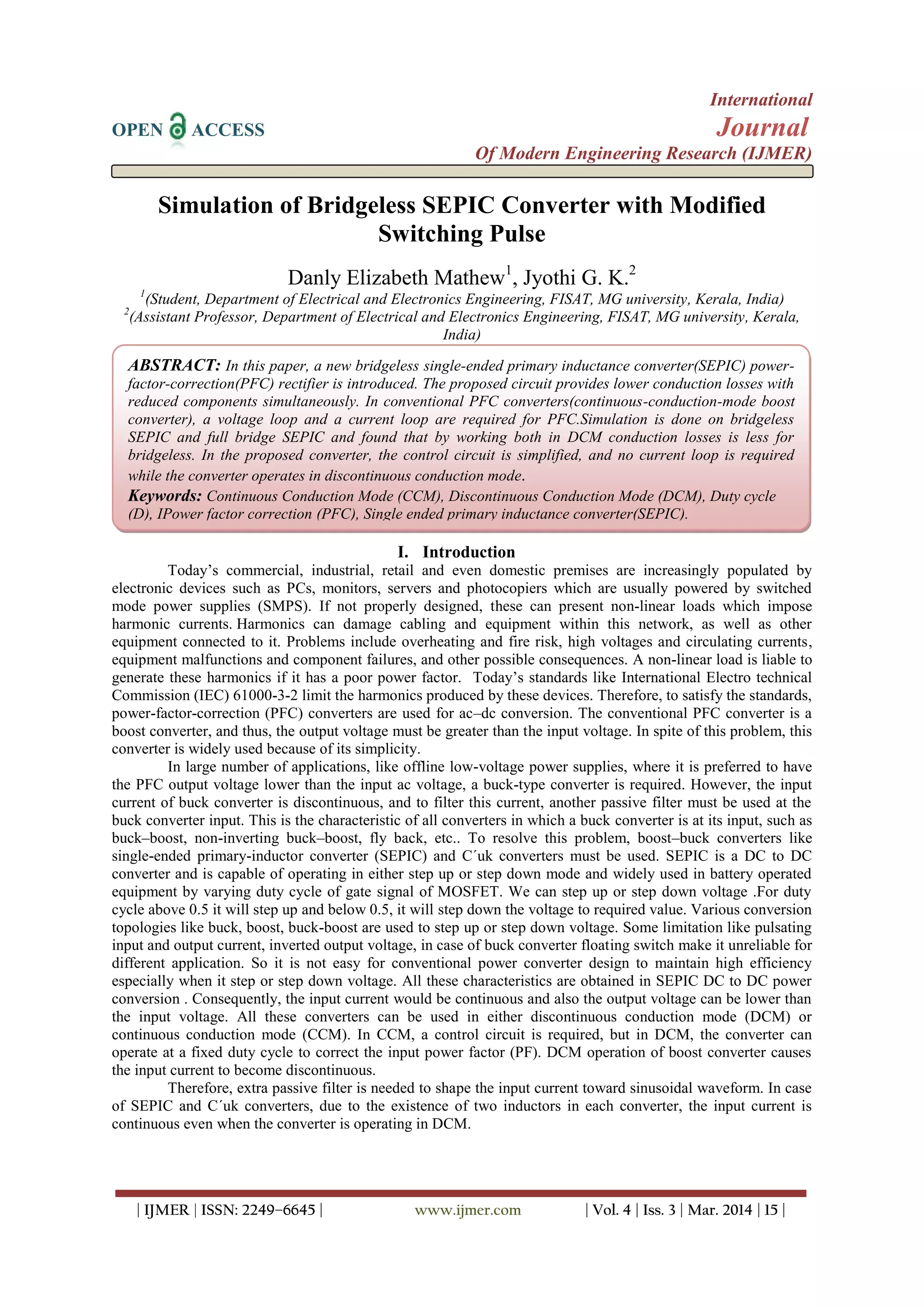 Simulation of Bridgeless SEPIC Converter with Modified Switching Pulse | PDF