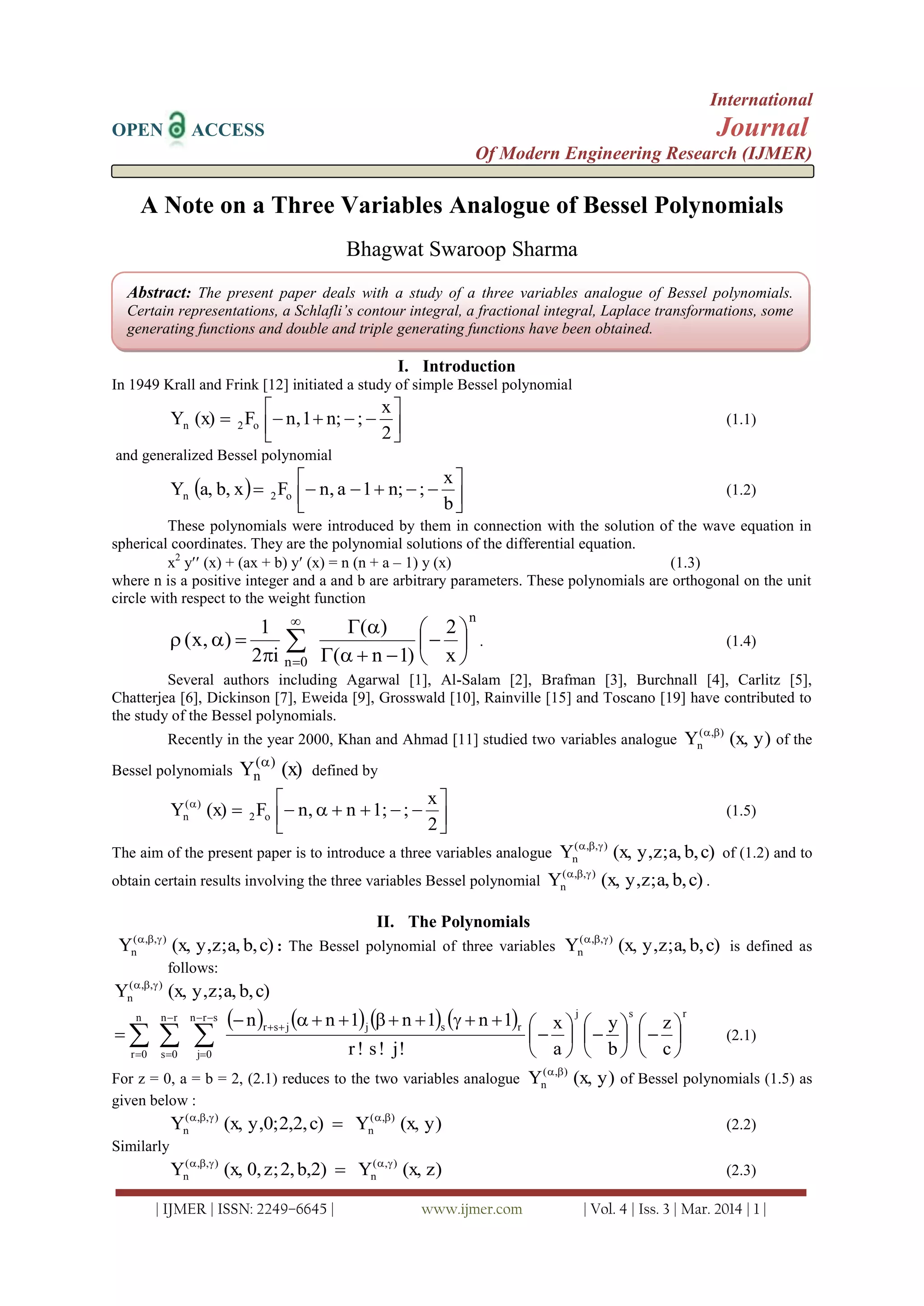 A Note on a Three Variables Analogue of Bessel Polynomials | PDF