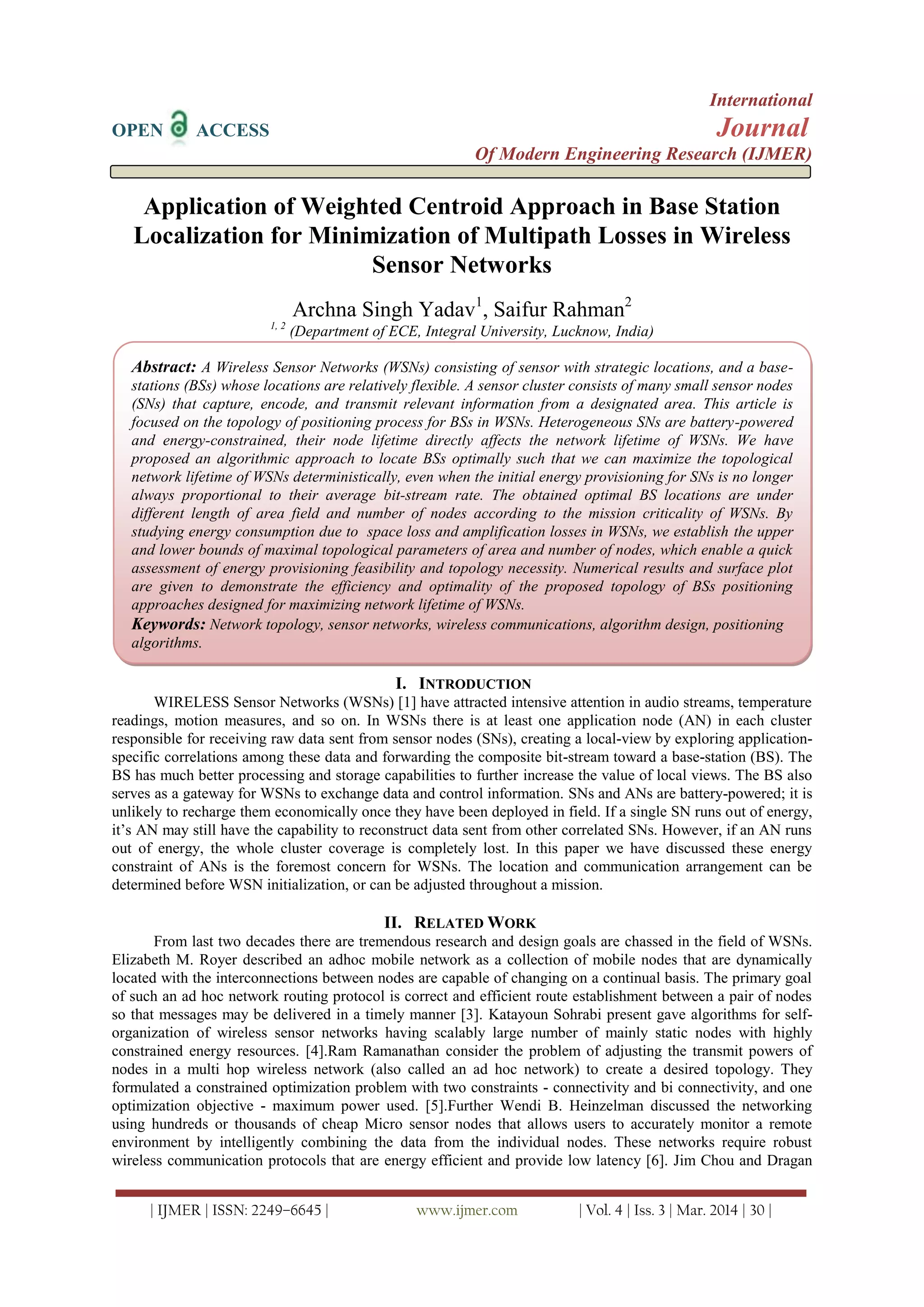Application of Weighted Centroid Approach in Base Station Localization for Minimization of ...