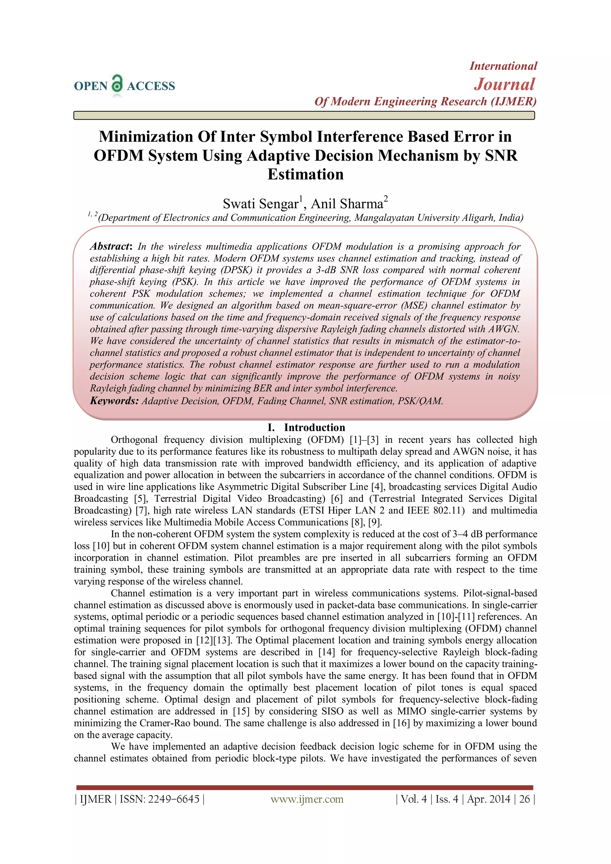 Minimization Of Inter Symbol Interference Based Error in OFDM System Using Adaptive Decision ...