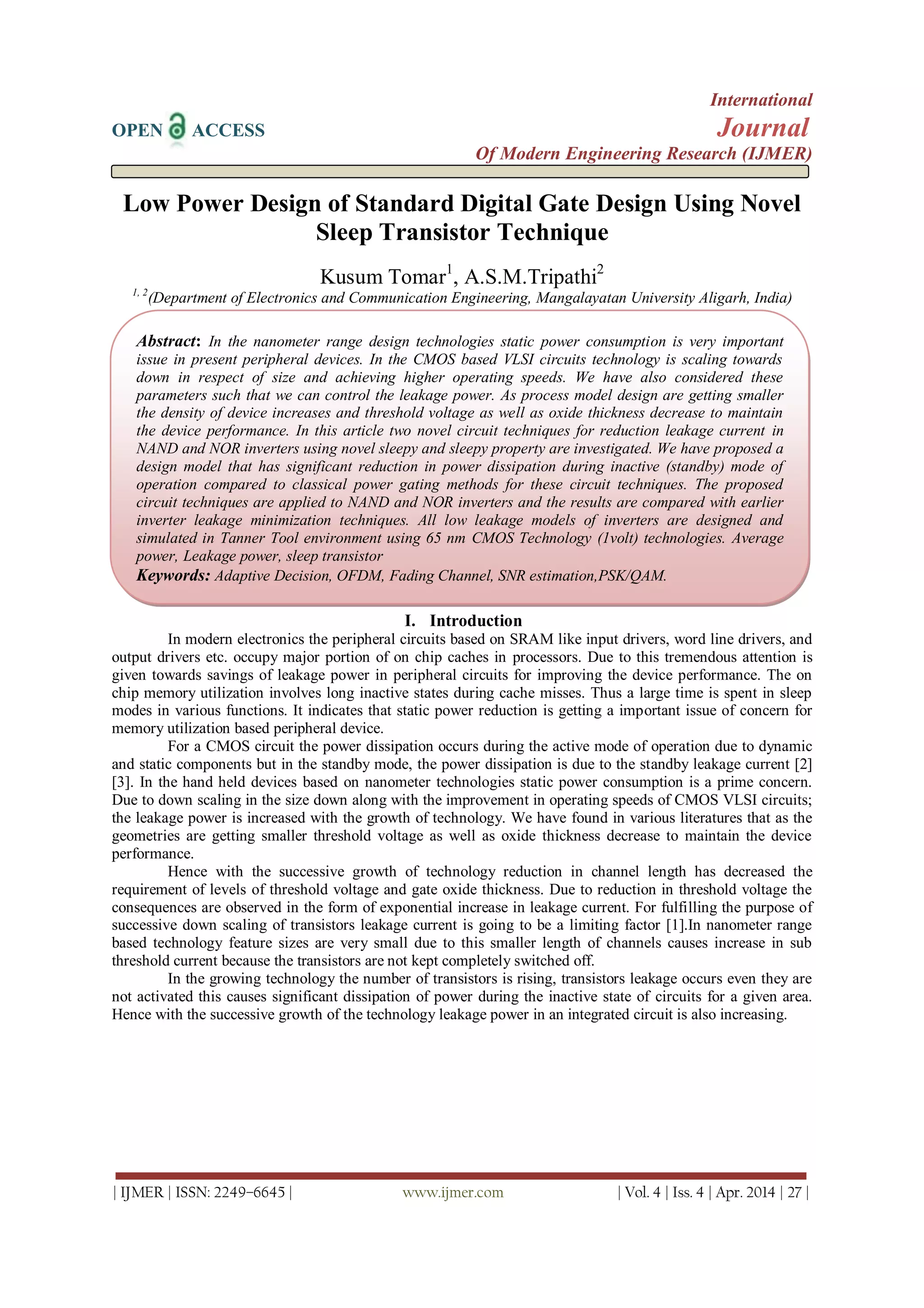 Low Power Design of Standard Digital Gate Design Using Novel Sleep ...