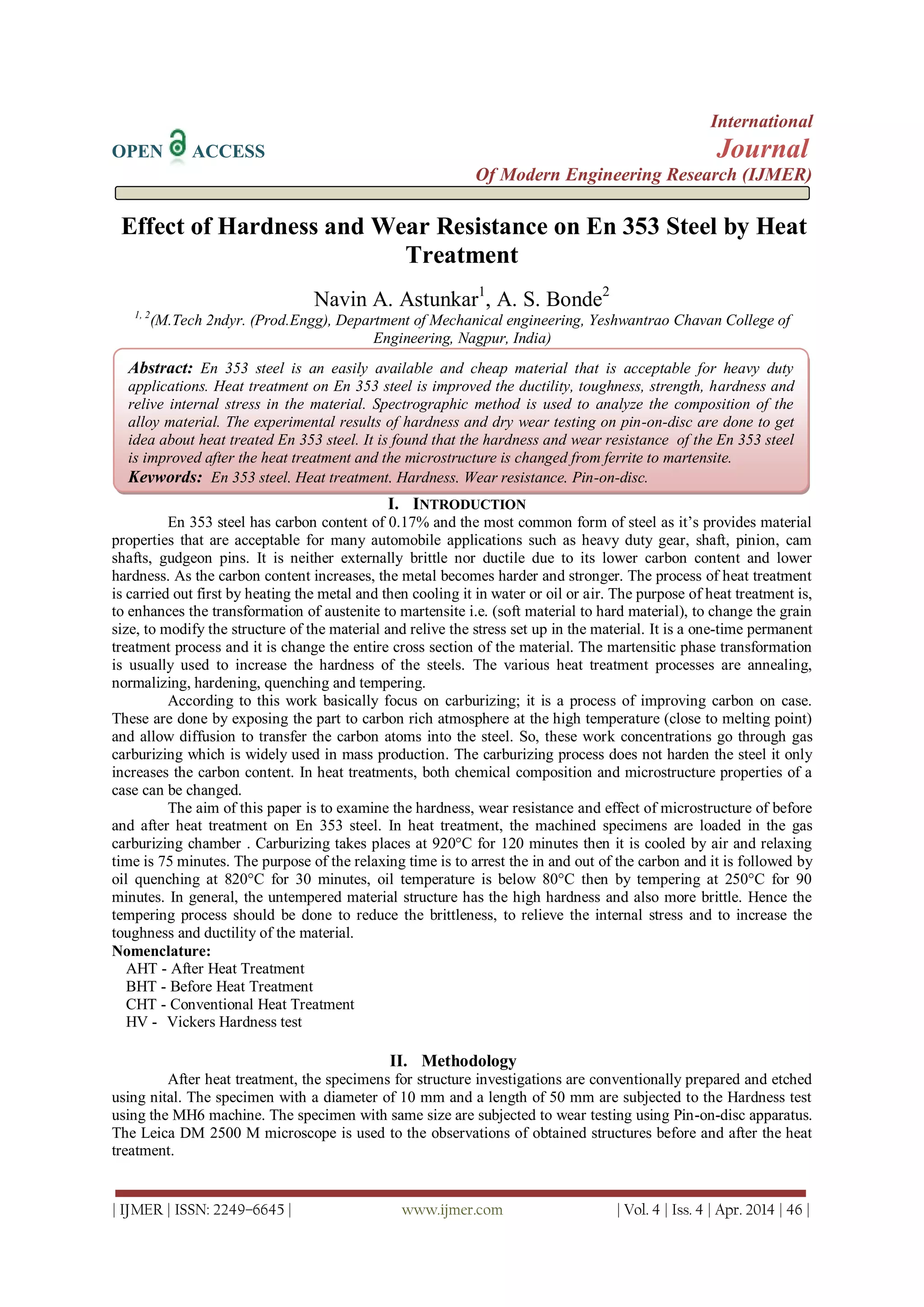 Effect of Hardness and Wear Resistance on En 353 Steel by Heat ...