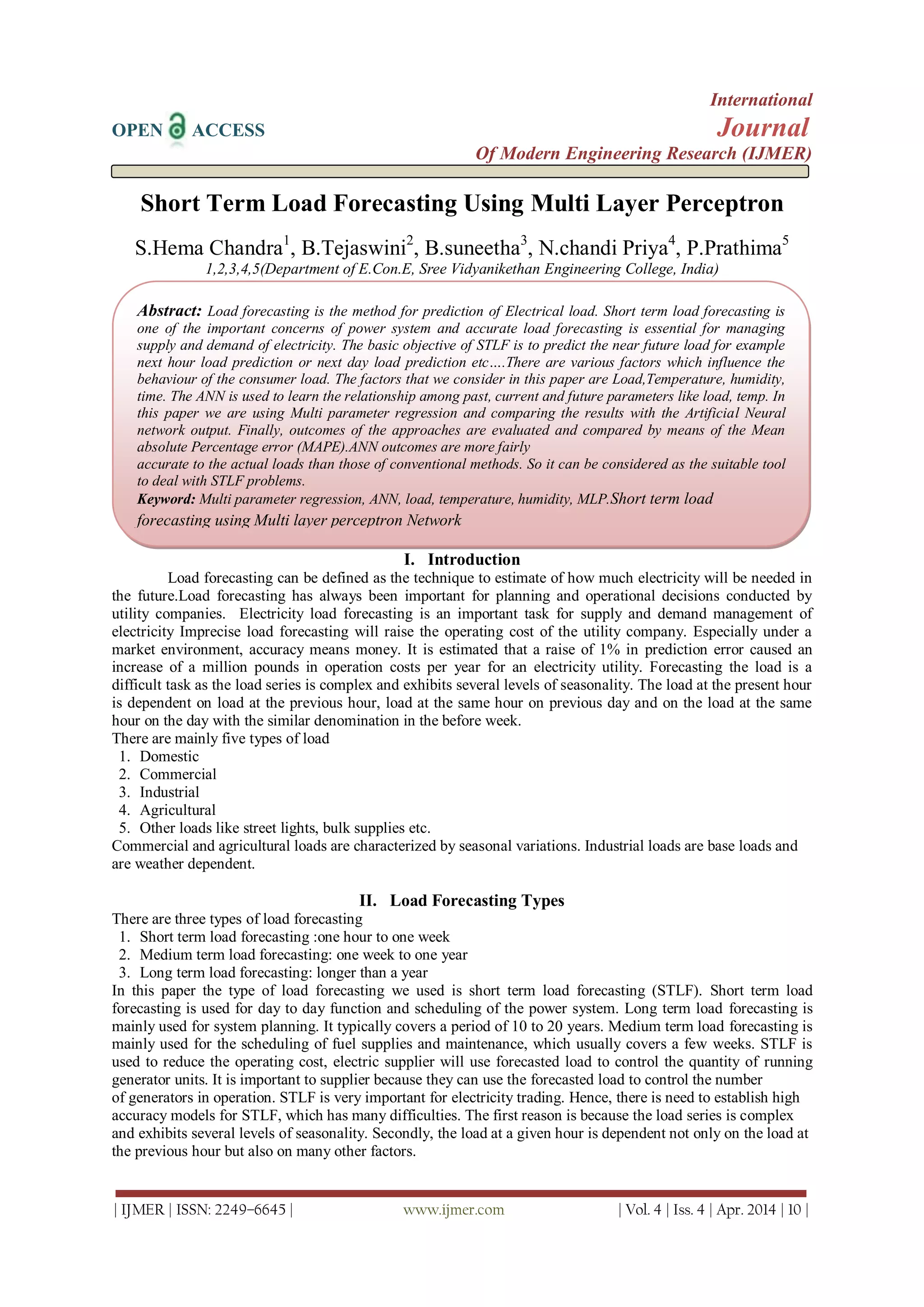 Short Term Load Forecasting Using Multi Layer Perceptron | PDF