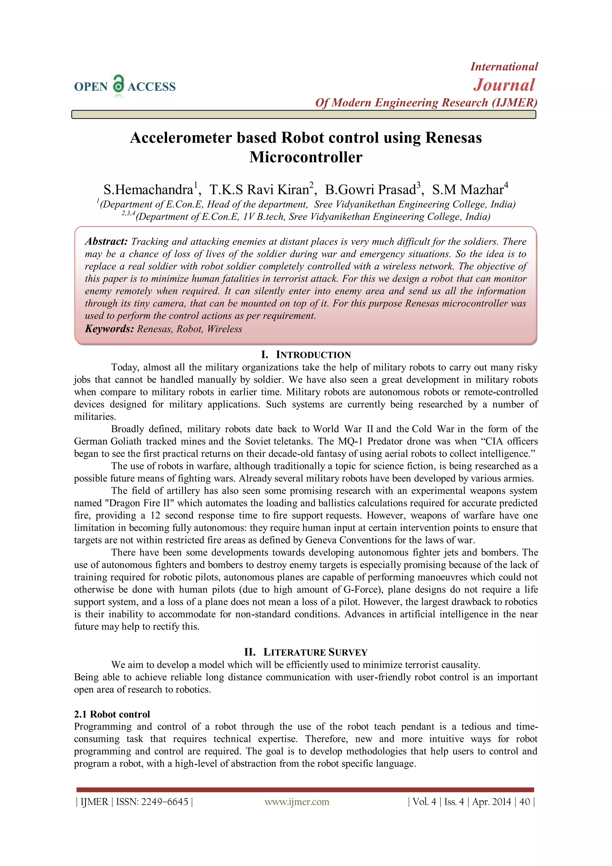 Accelerometer based Robot control using Renesas Microcontroller | PDF