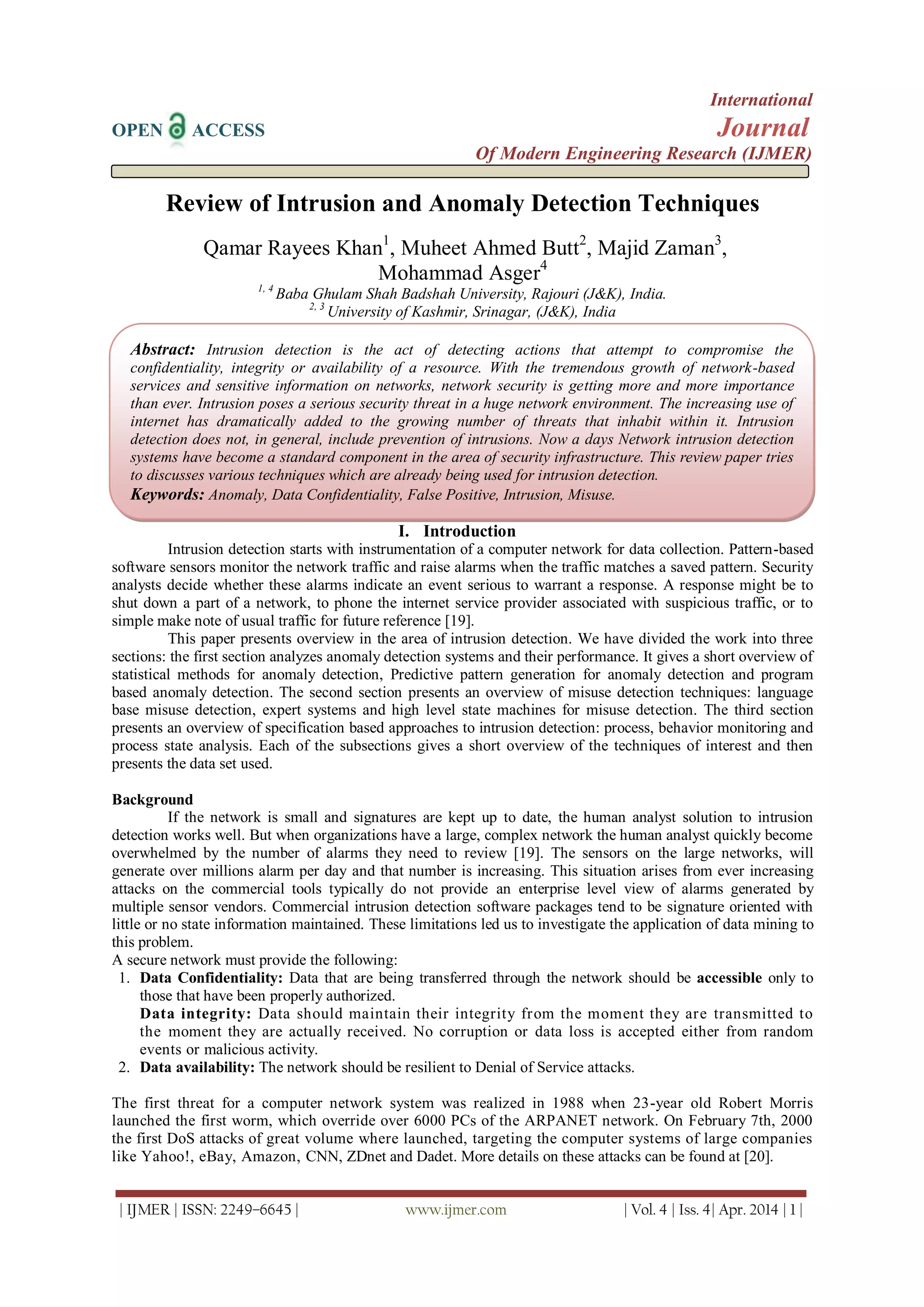 Review of Intrusion and Anomaly Detection Techniques | PDF