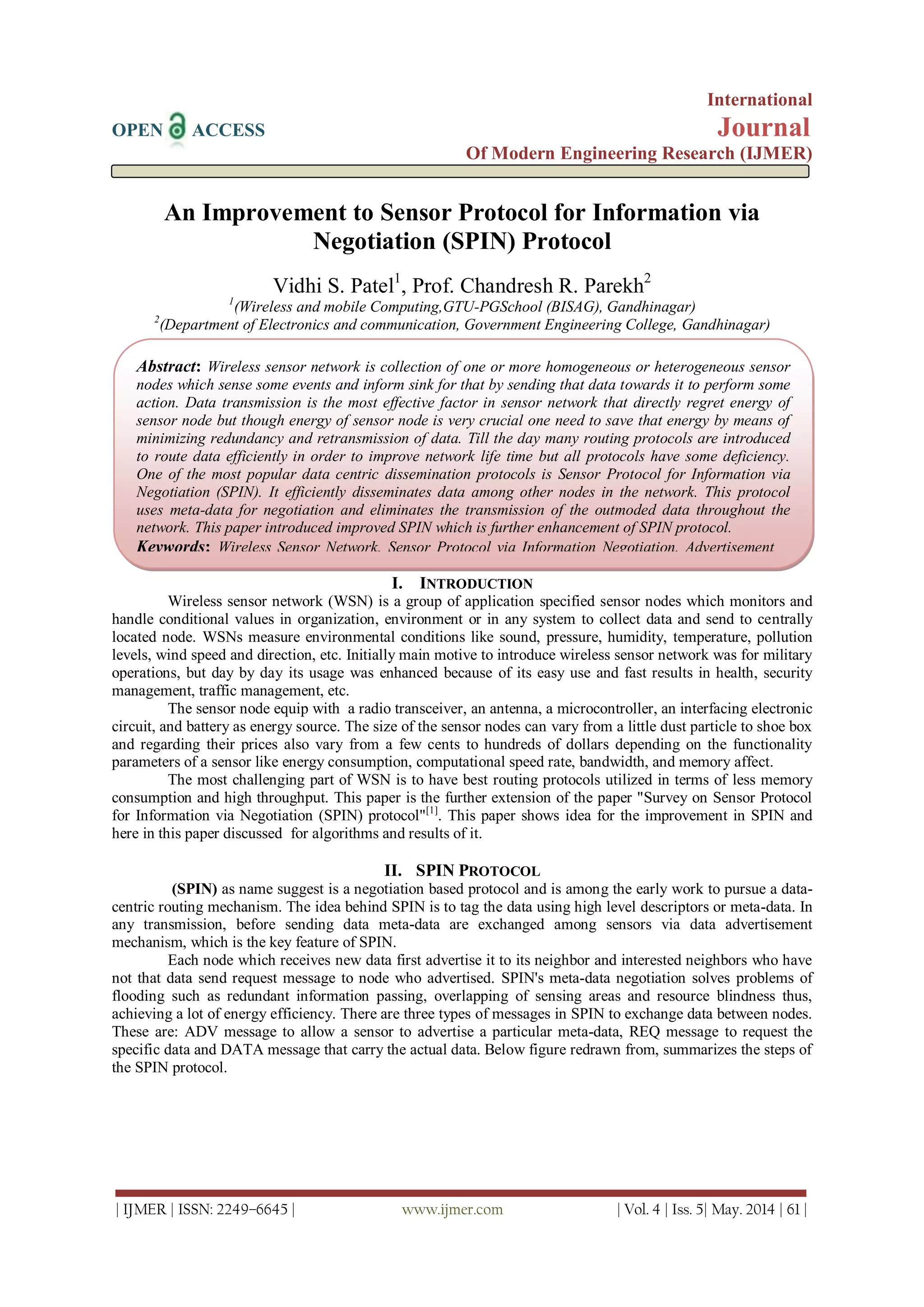 An Improvement to Sensor Protocol for Information via Negotiation (SPIN) Protocol | PDF