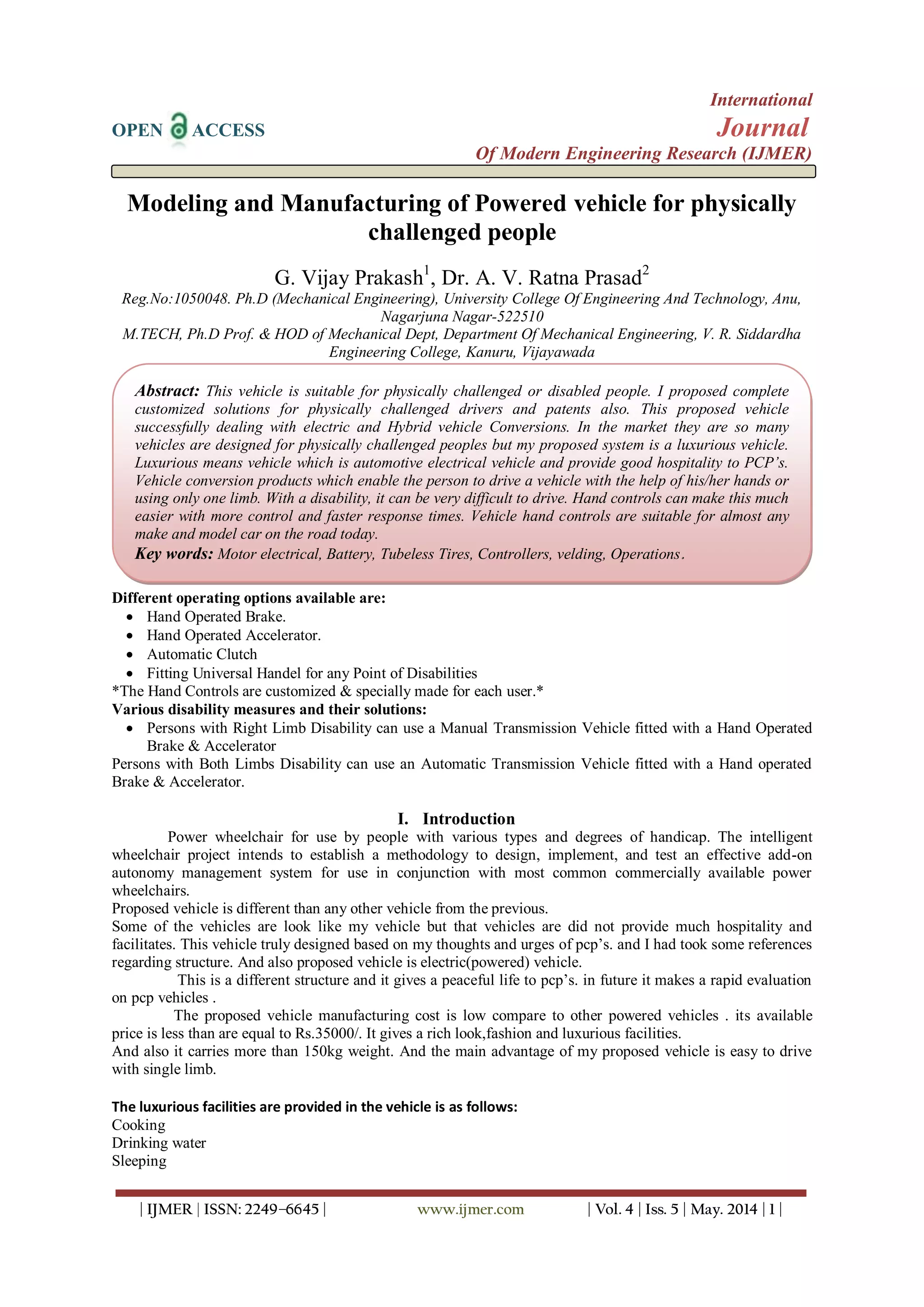 Modeling and Manufacturing of Powered vehicle for physically challenged ...
