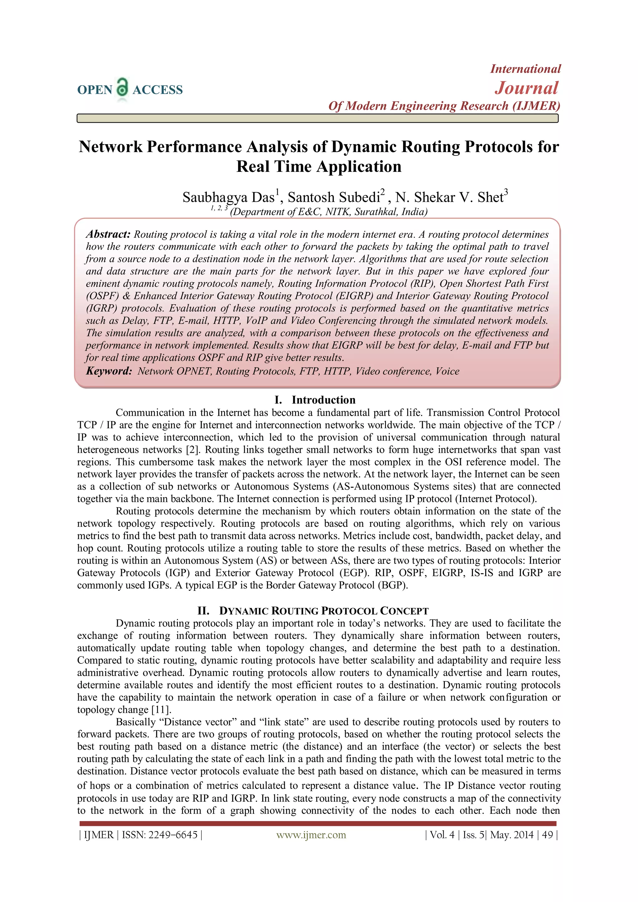 Network Performance Analysis of Dynamic Routing Protocols for Real Time Application | PDF
