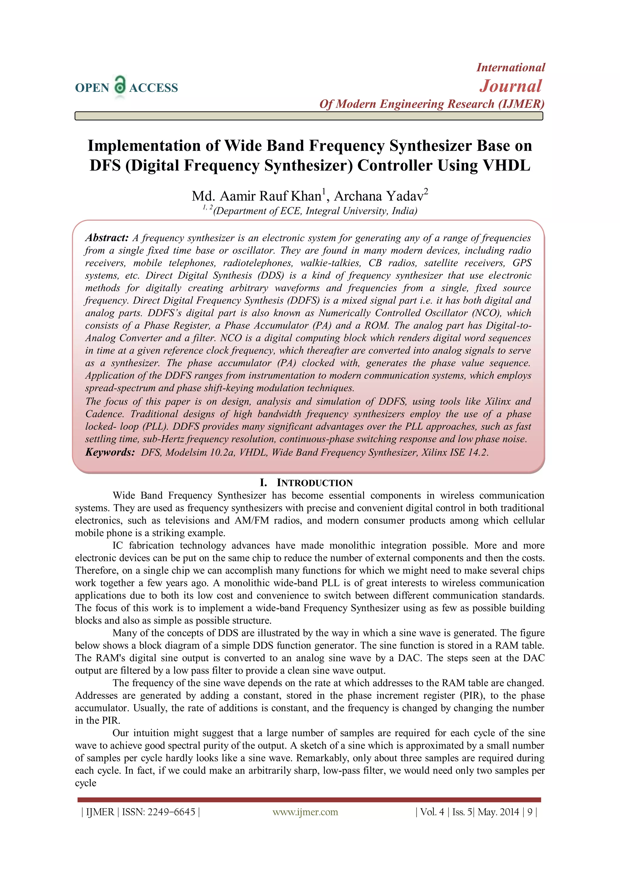 Implementation of Wide Band Frequency Synthesizer Base on DFS (Digital Frequency Synthesizer ...