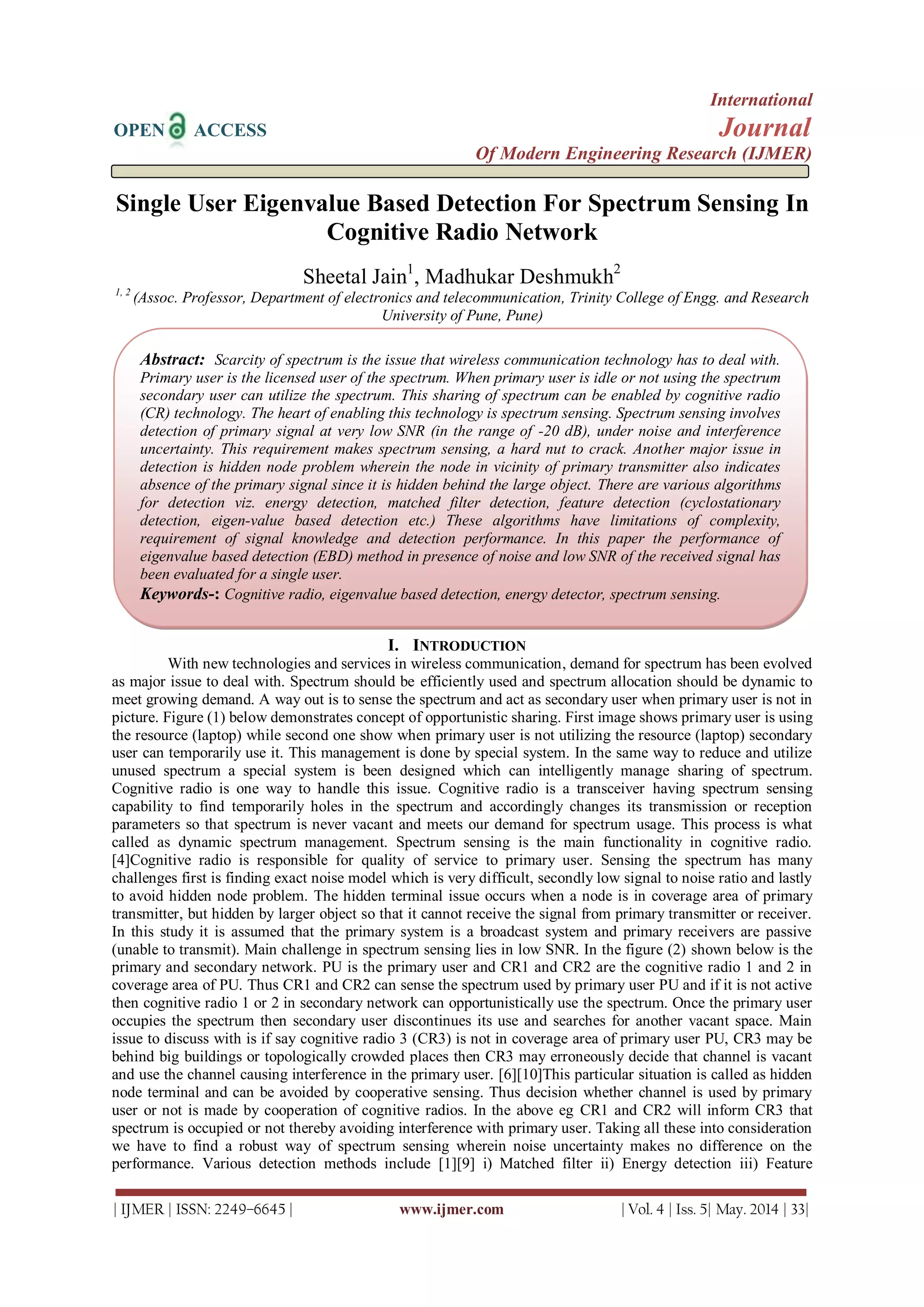 Single User Eigenvalue Based Detection For Spectrum Sensing In Cognitive Radio Network | PDF