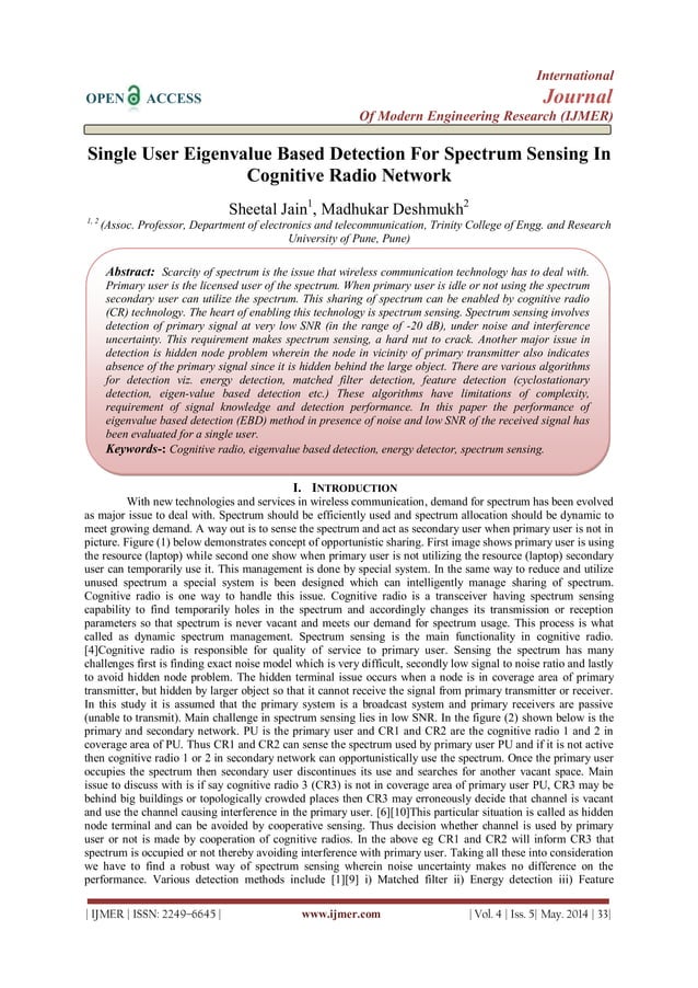 Single User Eigenvalue Based Detection For Spectrum Sensing In Cognitive Radio Network | PDF