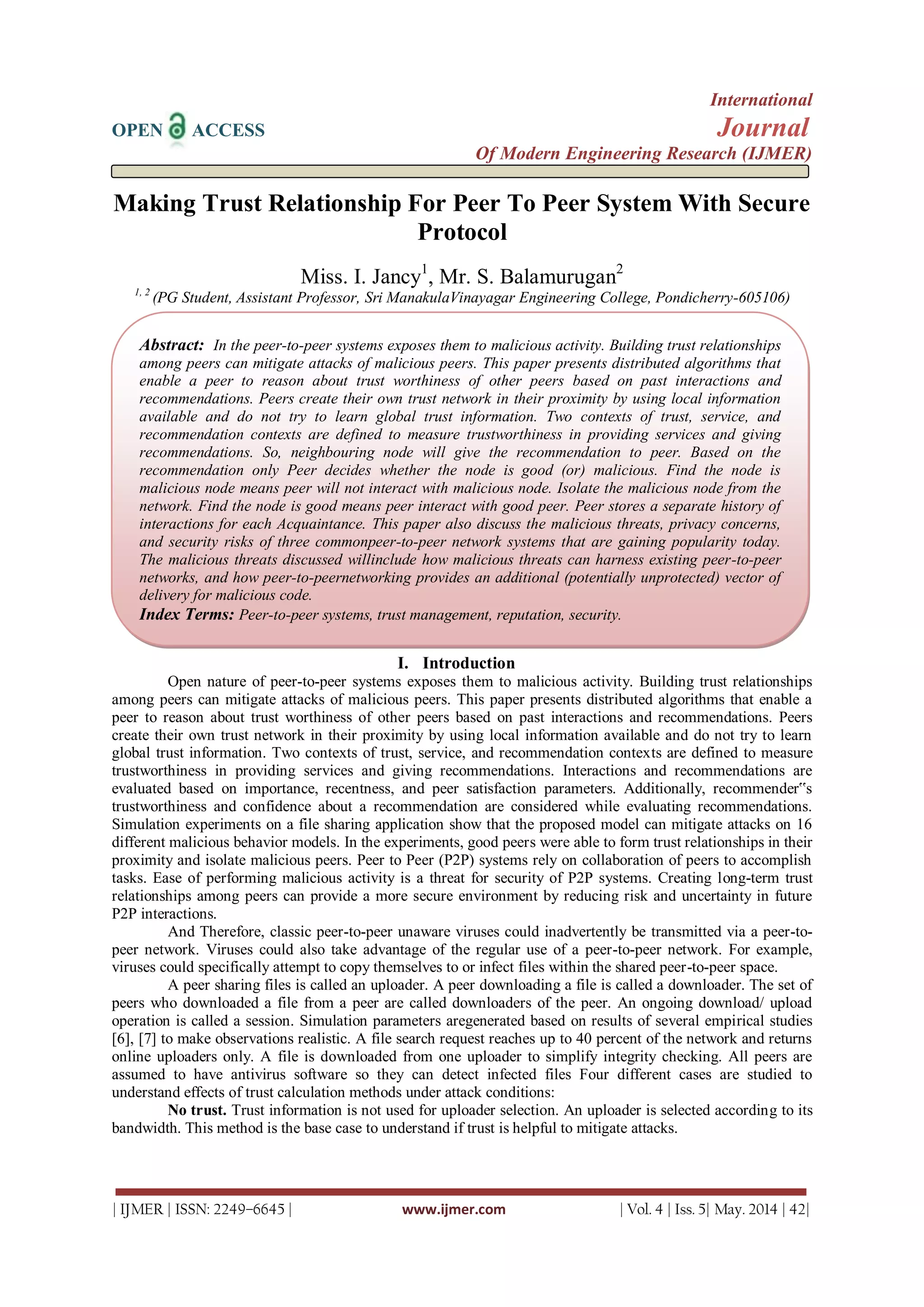 Making Trust Relationship For Peer To Peer System With Secure Protocol | PDF