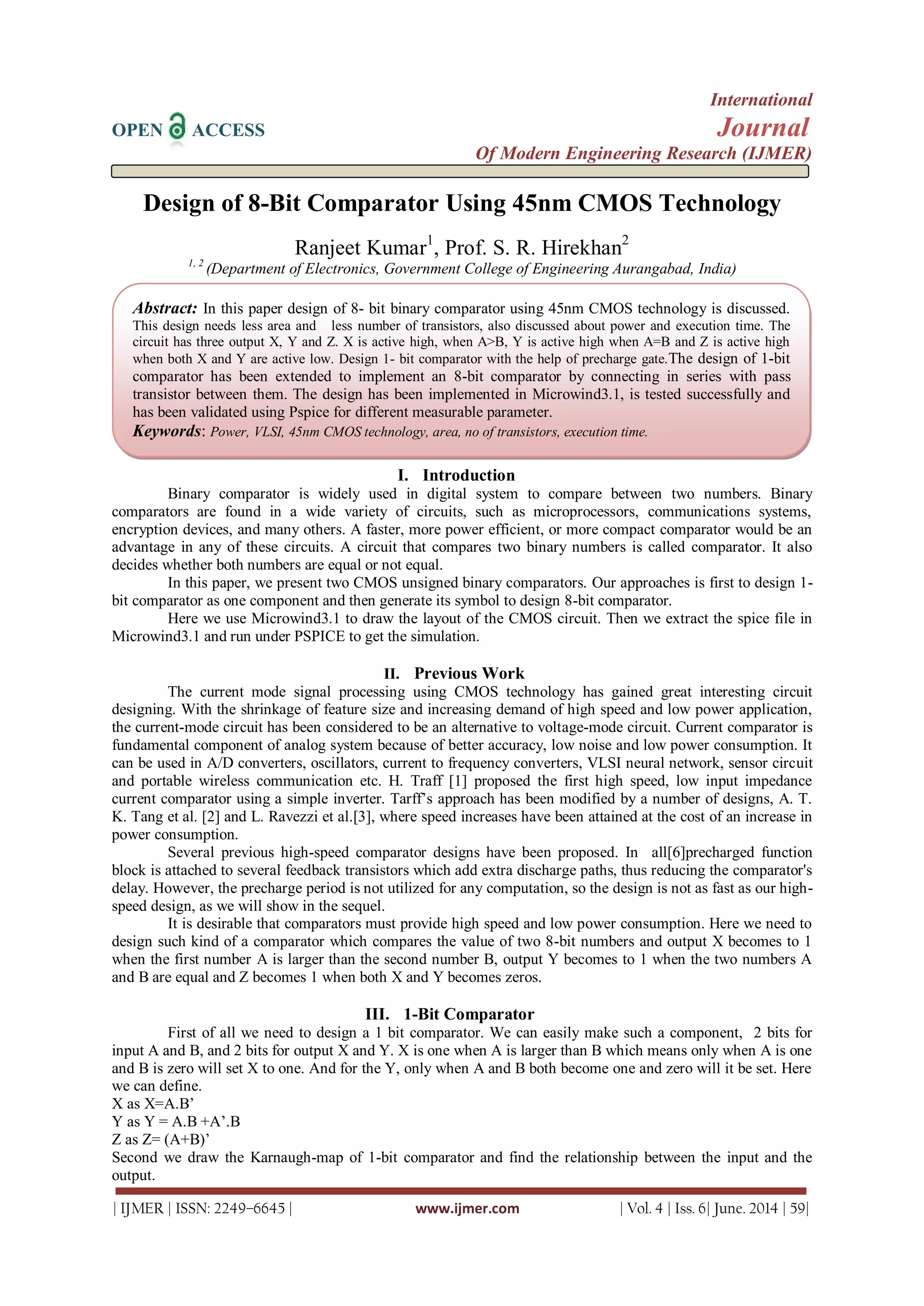 Design of 8-Bit Comparator Using 45nm CMOS Technology | PDF