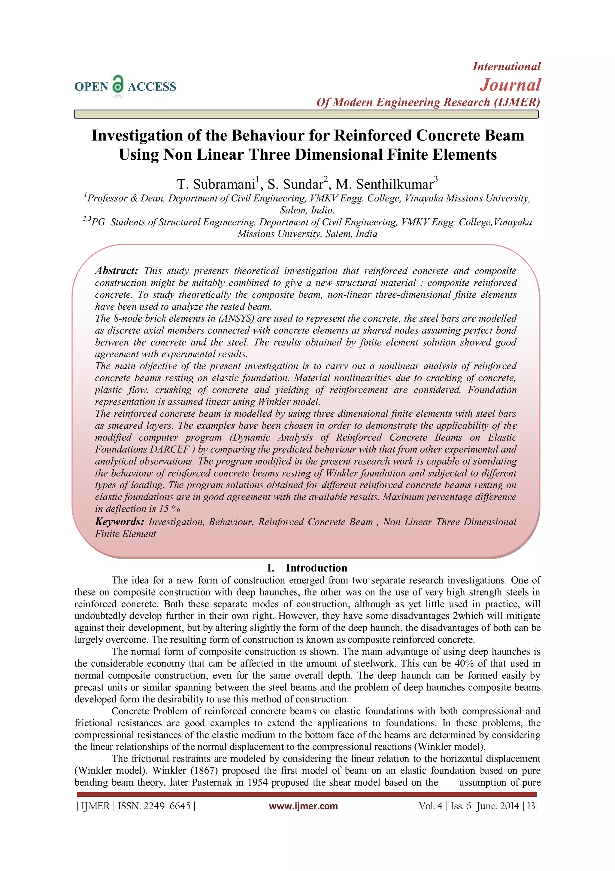 Investigation of the Behaviour for Reinforced Concrete Beam Using Non Linear Three Dimensional ...