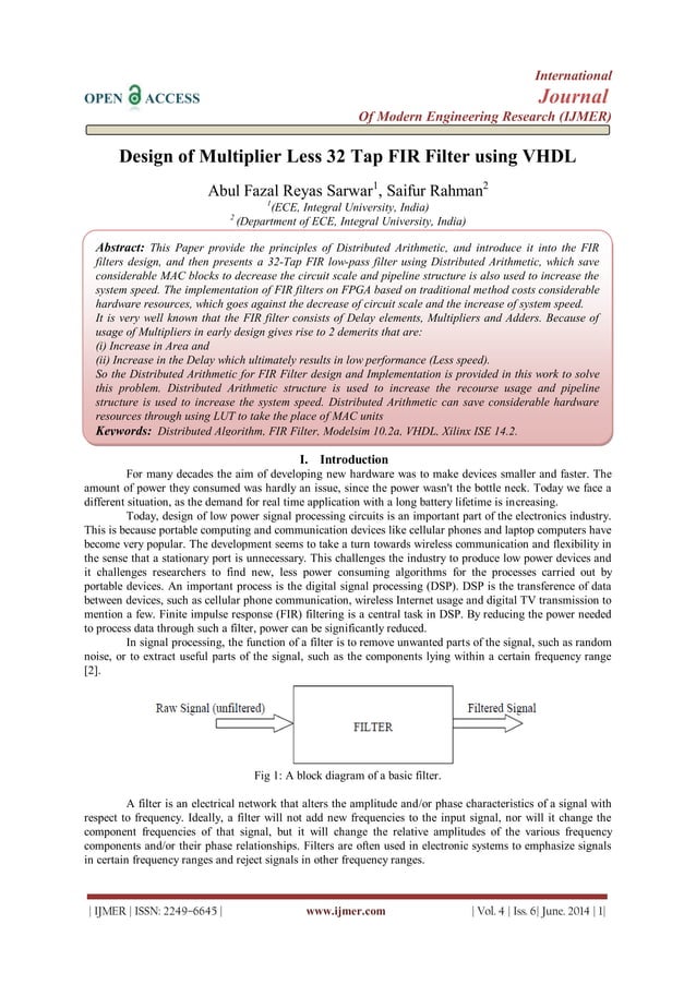 Design of Multiplier Less 32 Tap FIR Filter using VHDL | PDF