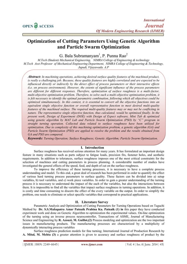 Optimization Of Cutting Parameters Using Genetic Algorithm And Particle Swarm Optimization Pdf