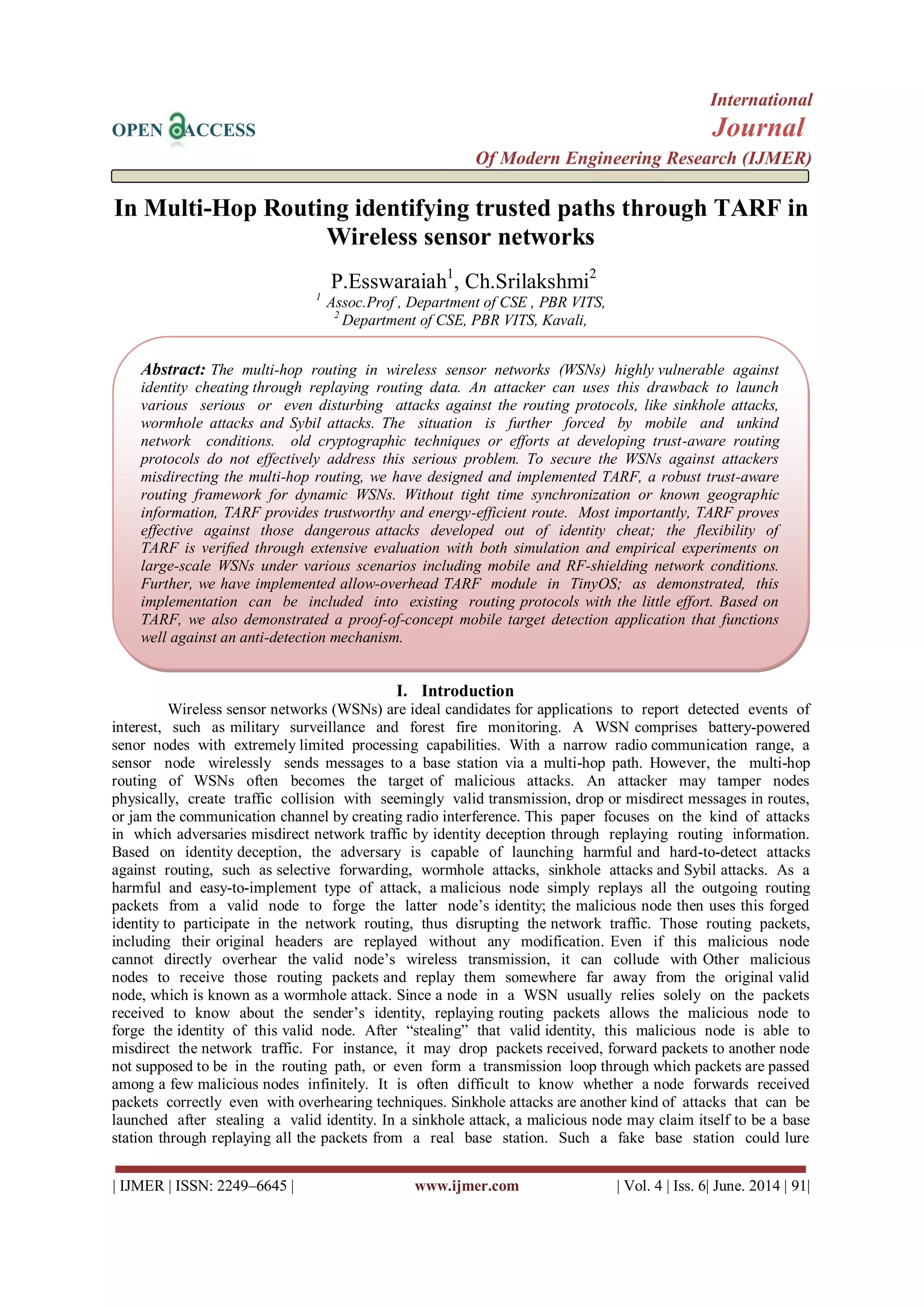 In Multi-Hop Routing identifying trusted paths through TARF in Wireless sensor networks | PDF