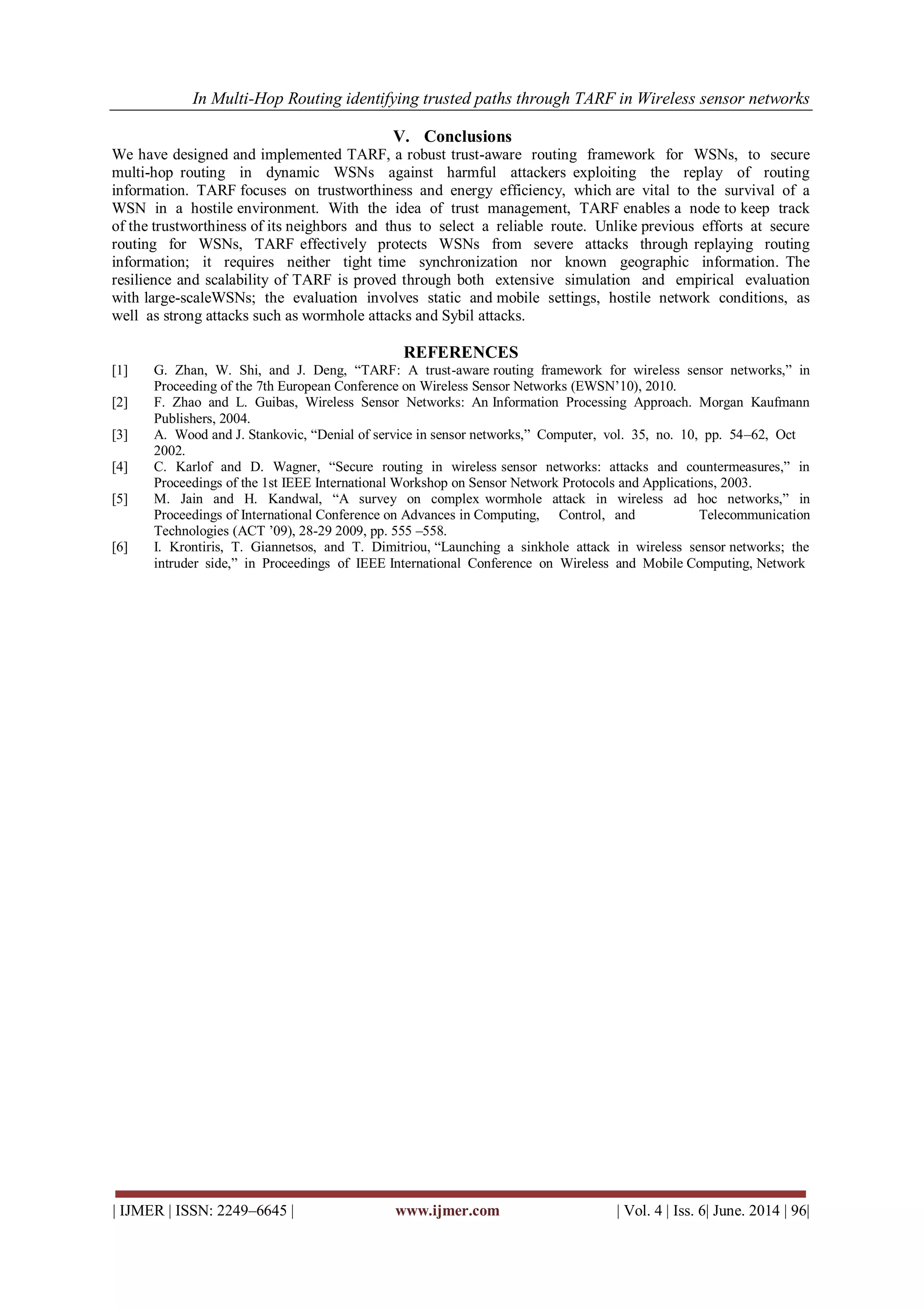 In Multi-Hop Routing identifying trusted paths through TARF in Wireless sensor networks | PDF