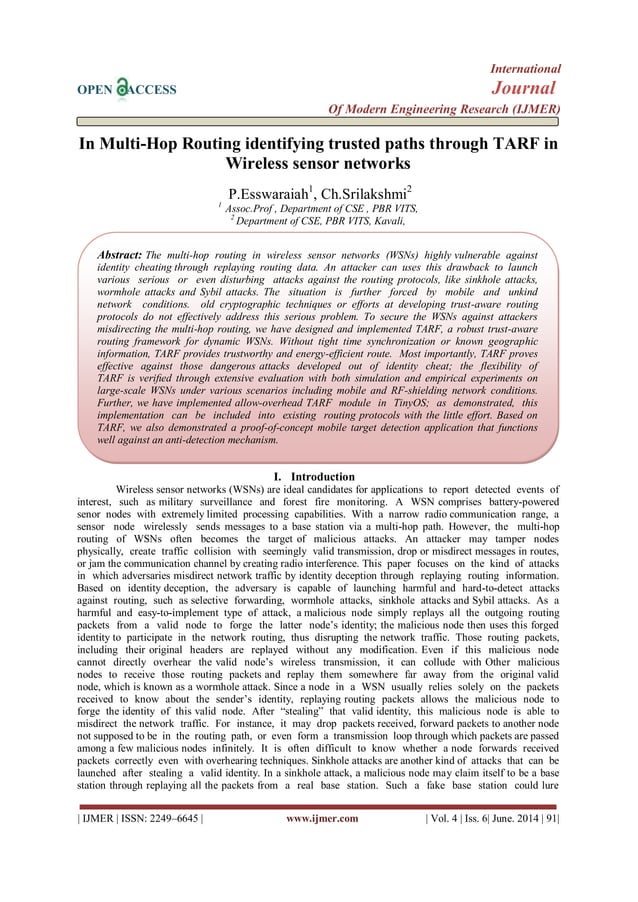 In Multi-Hop Routing identifying trusted paths through TARF in Wireless sensor networks | PDF