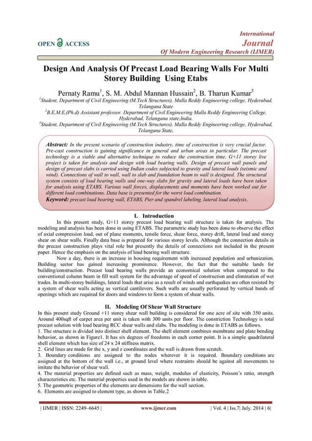 Design And Analysis Of Precast Load Bearing Walls For Multi Storey Building Using Etabs | PDF ...