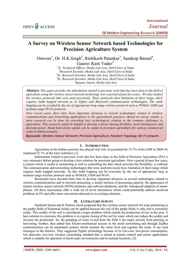 A Survey on Wireless Sensor Network based Technologies for Precision Agriculture System | PDF