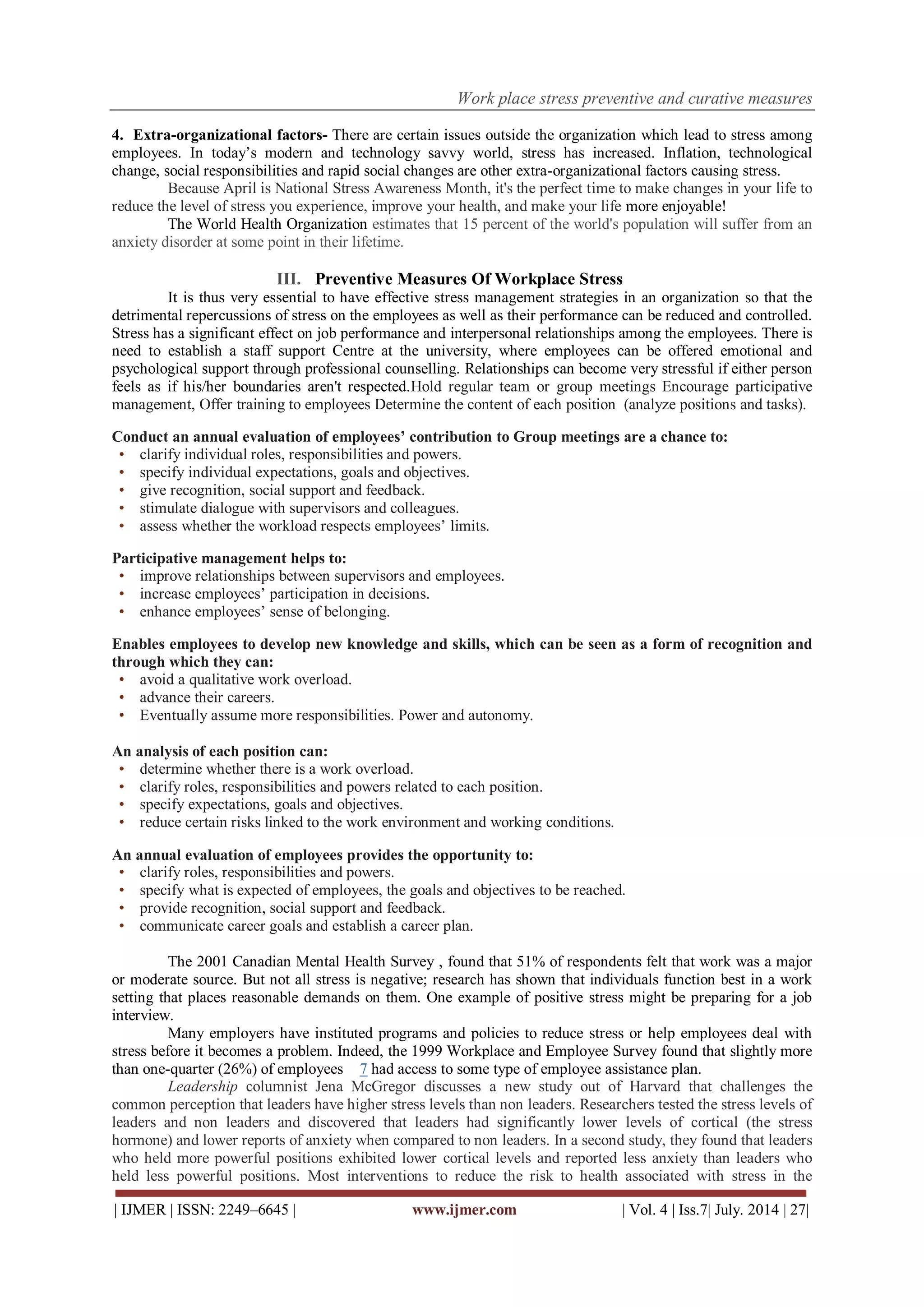 Work place stress preventive and curative measures | PDF