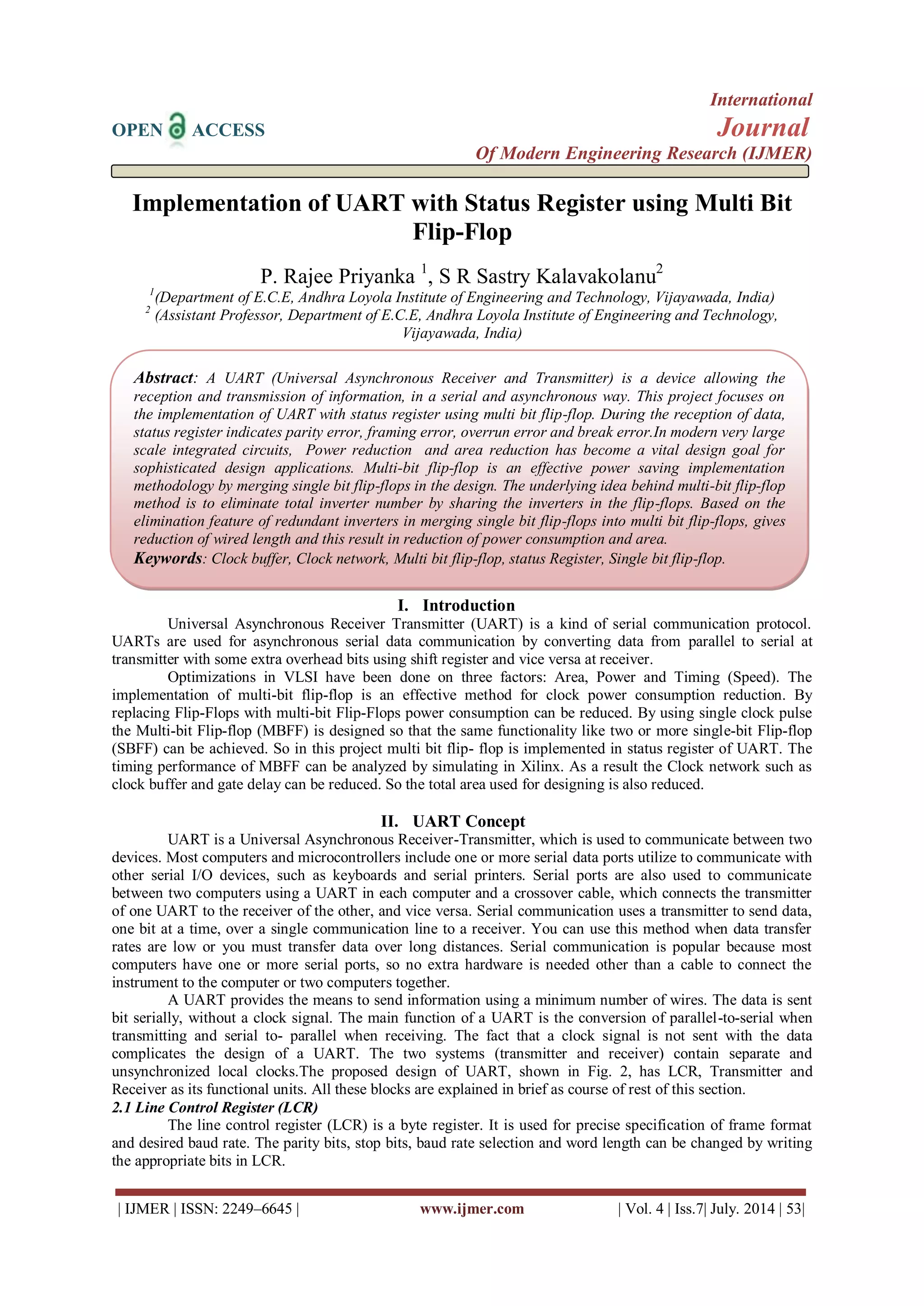 Implementation of UART with Status Register using Multi Bit Flip-Flop | PDF