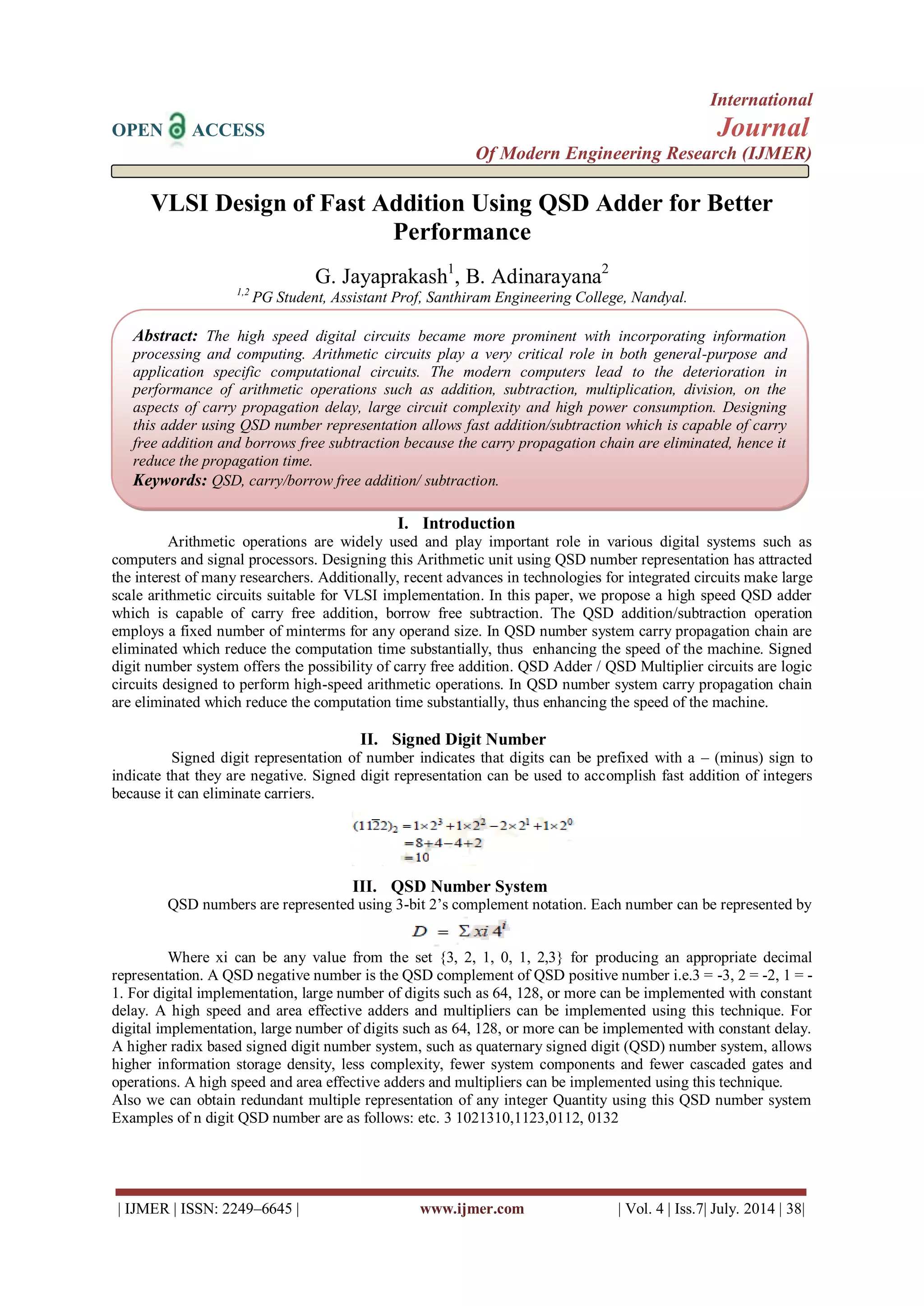 VLSI Design of Fast Addition Using QSD Adder for Better Performance | PDF
