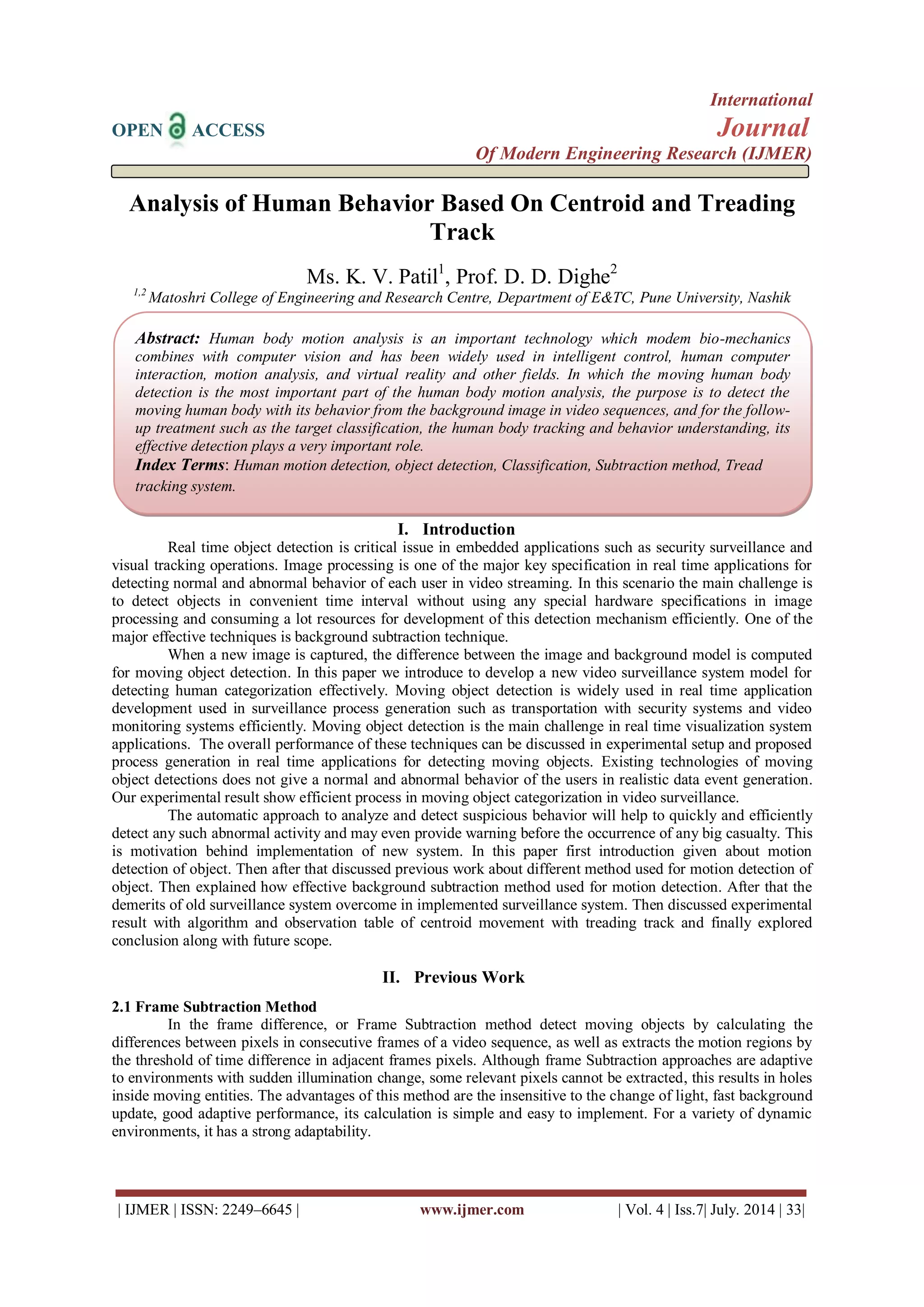 Analysis of Human Behavior Based On Centroid and Treading Track | PDF