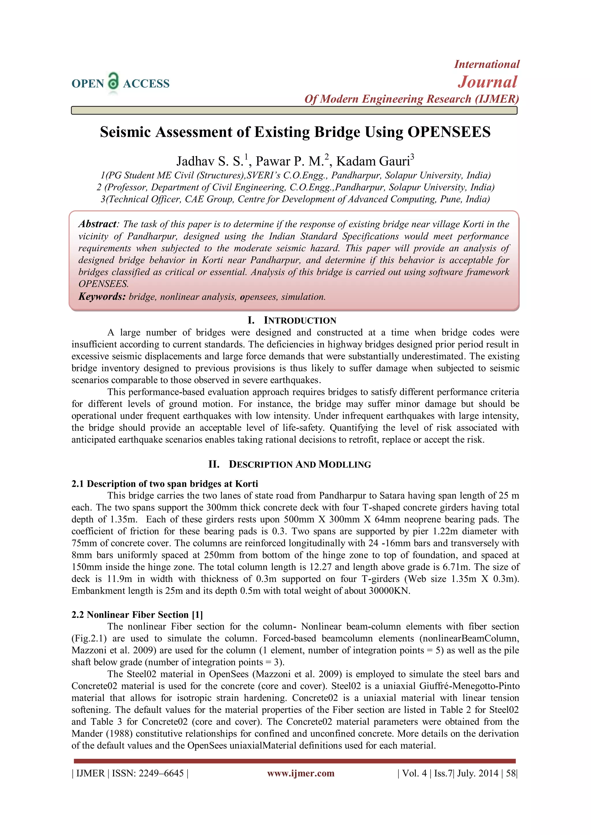 Seismic Assessment of Existing Bridge Using OPENSEES | PDF
