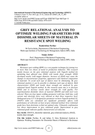 GREY RELATIONAL ANALYSIS TO OPTIMIZE WELDING PARAMETERS FOR DISSIMILAR SHEETS OF MATERIAL IN ...