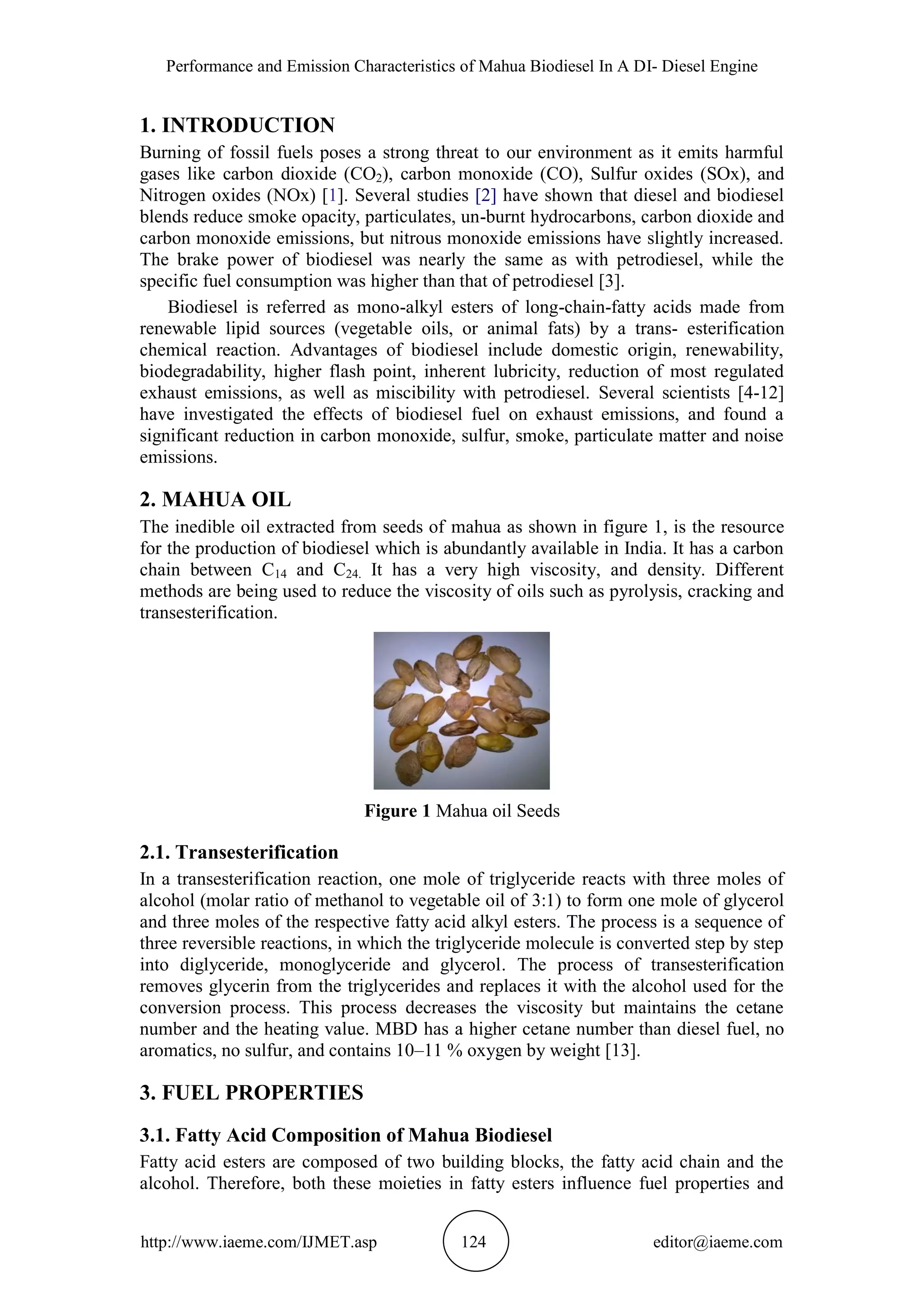 PERFORMANCE AND EMISSION CHARACTERISTICS OF MAHUA BIODIESEL IN A DI ...