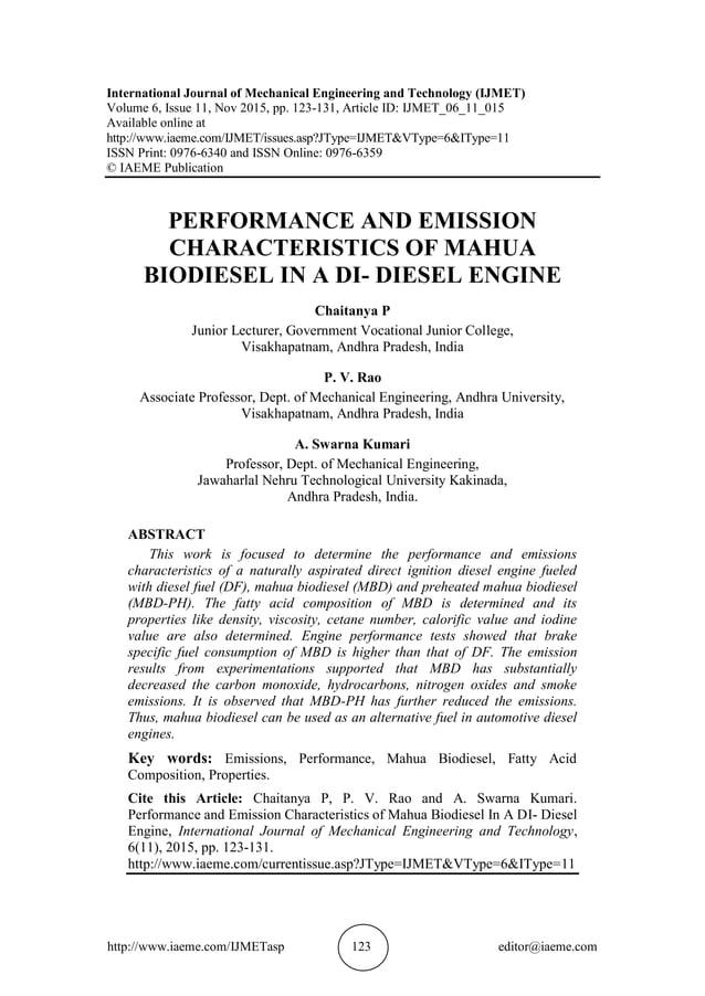 PERFORMANCE AND EMISSION CHARACTERISTICS OF MAHUA BIODIESEL IN A DI- DIESEL ENGINE | PDF