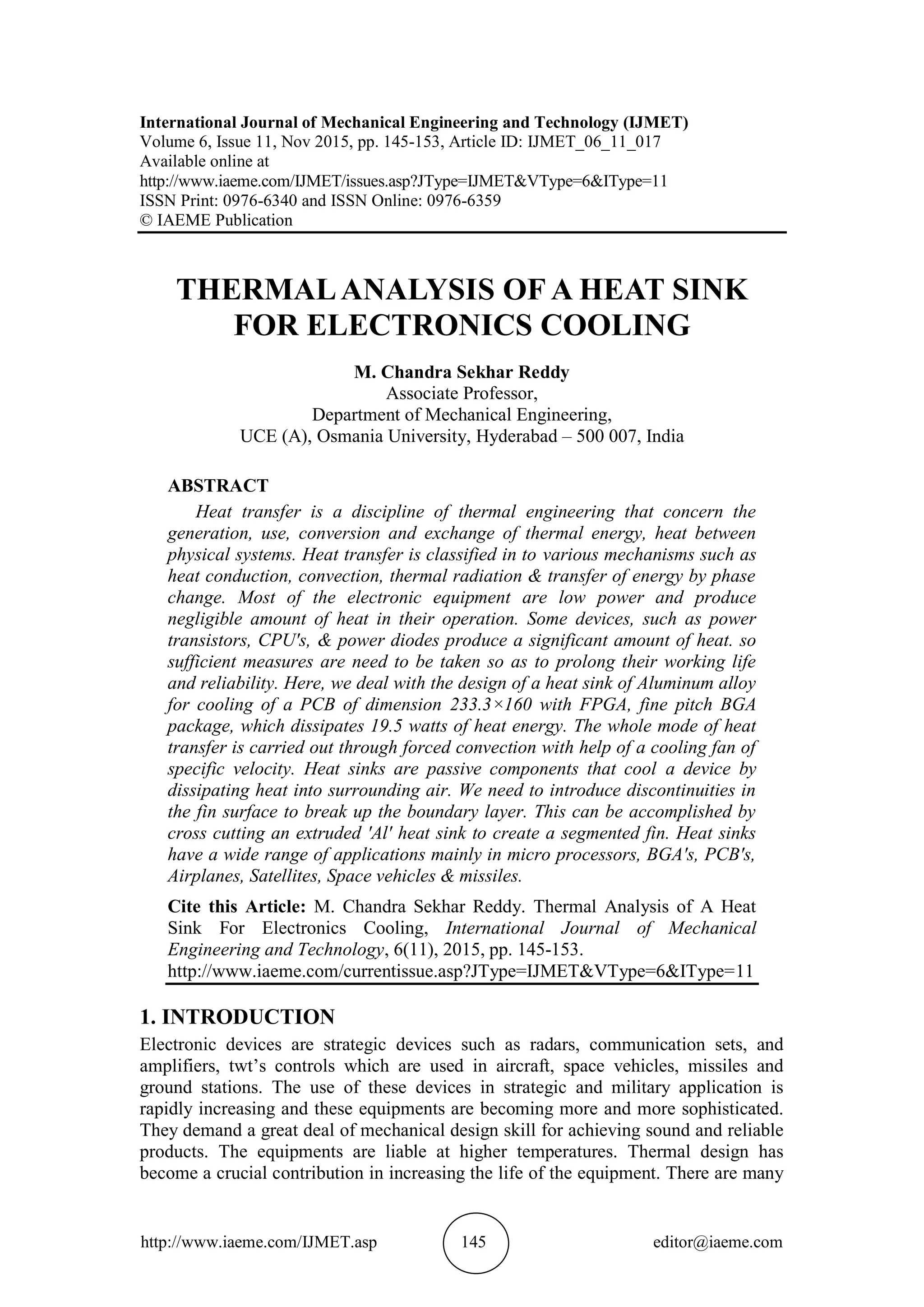 THERMAL ANALYSIS OF A HEAT SINK FOR ELECTRONICS COOLING | PDF
