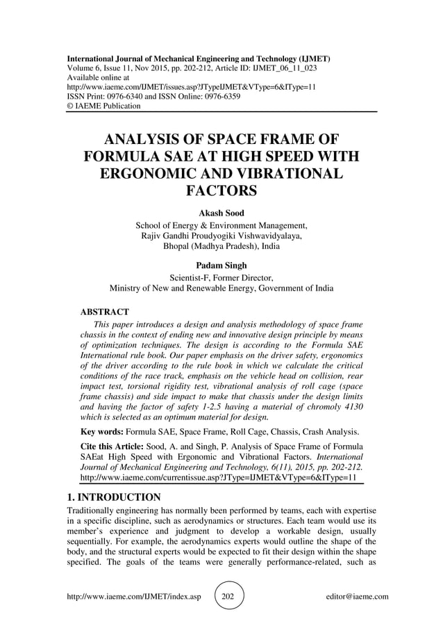 ANALYSIS OF SPACE FRAME OF FORMULA SAE AT HIGH SPEED WITH ERGONOMIC AND ...