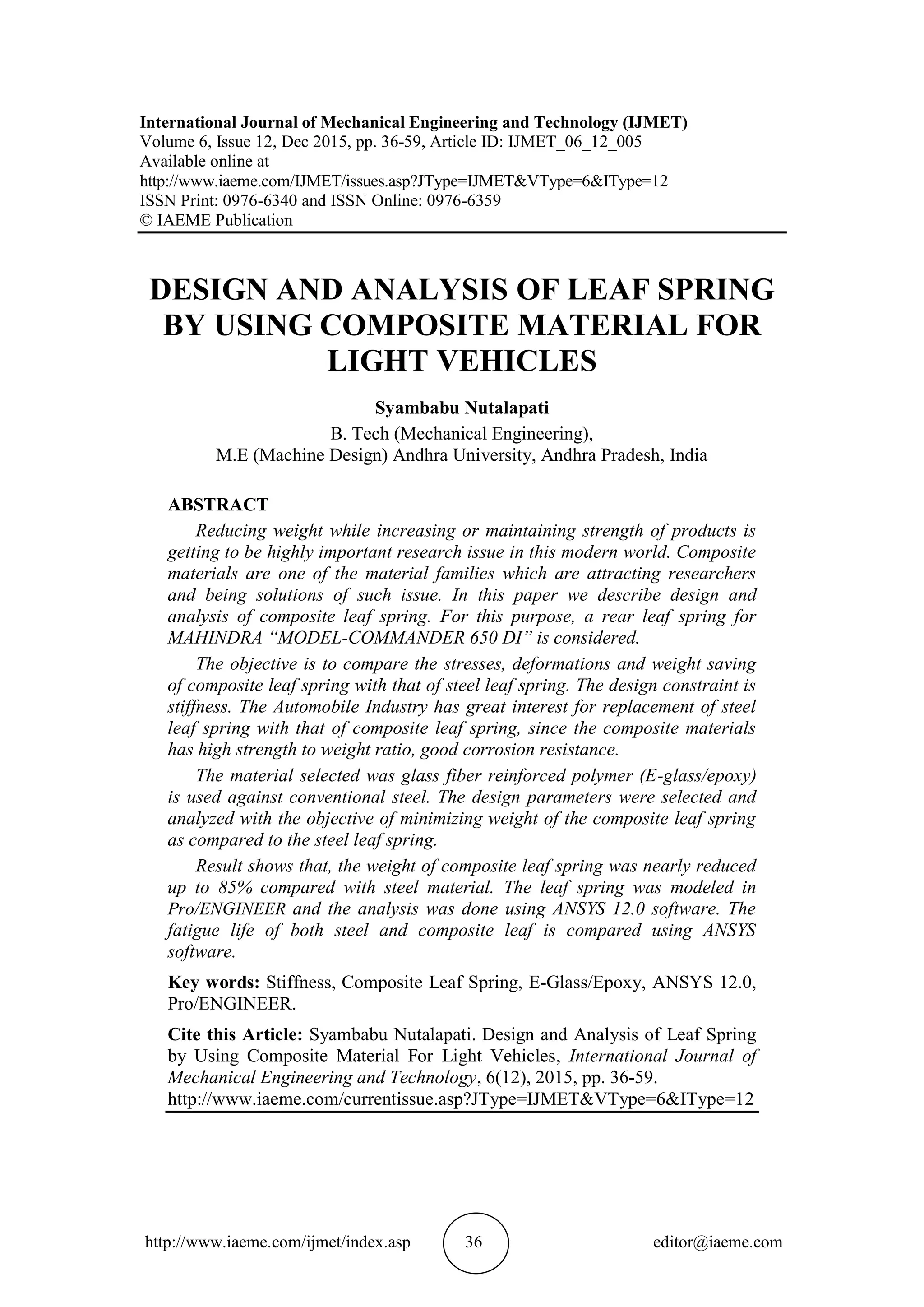 DESIGN AND ANALYSIS OF LEAF SPRING BY USING COMPOSITE MATERIAL FOR ...