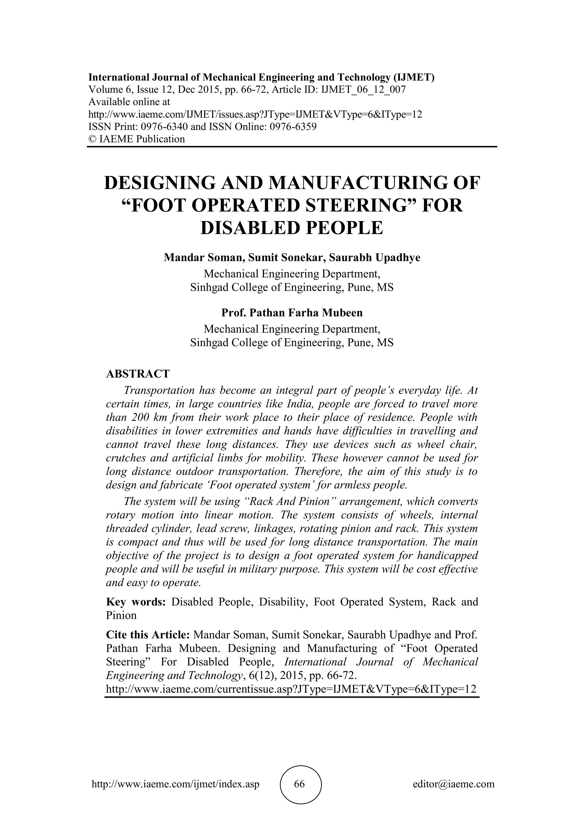 DESIGNING AND MANUFACTURING OF “FOOT OPERATED STEERING” FOR DISABLED ...