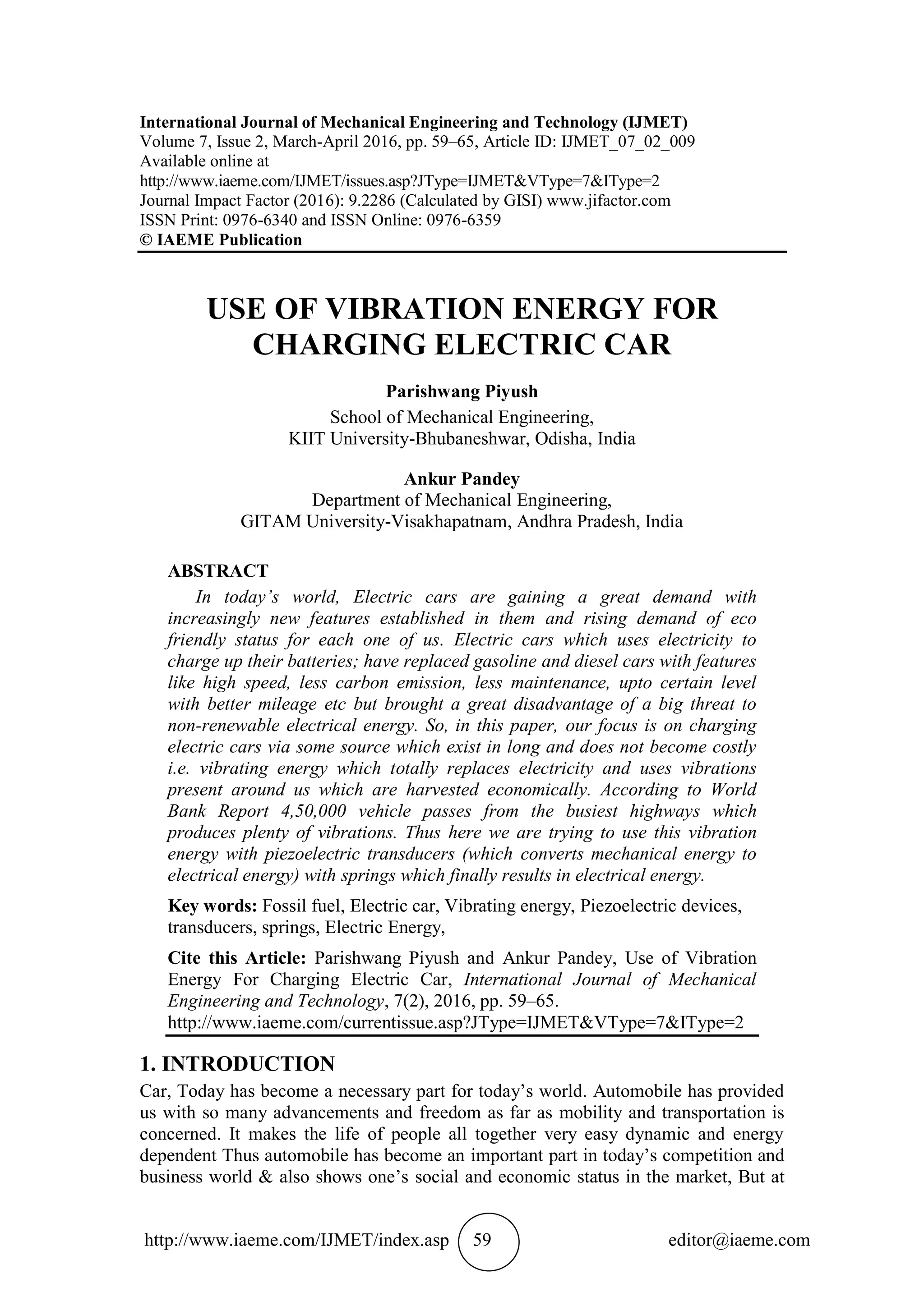 USE OF VIBRATION ENERGY FOR CHARGING ELECTRIC CAR | PDF