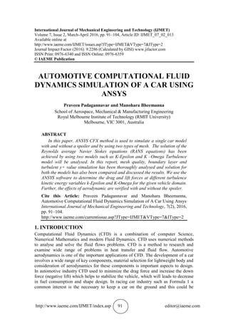 AUTOMOTIVE COMPUTATIONAL FLUID DYNAMICS SIMULATION OF A CAR USING ANSYS | PDF
