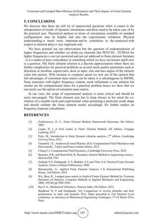 CONSISTENT AND LUMPED MASS MATRICES IN DYNAMICS AND THEIR IMPACT ON FINITE ELEMENT ANALYSIS ...