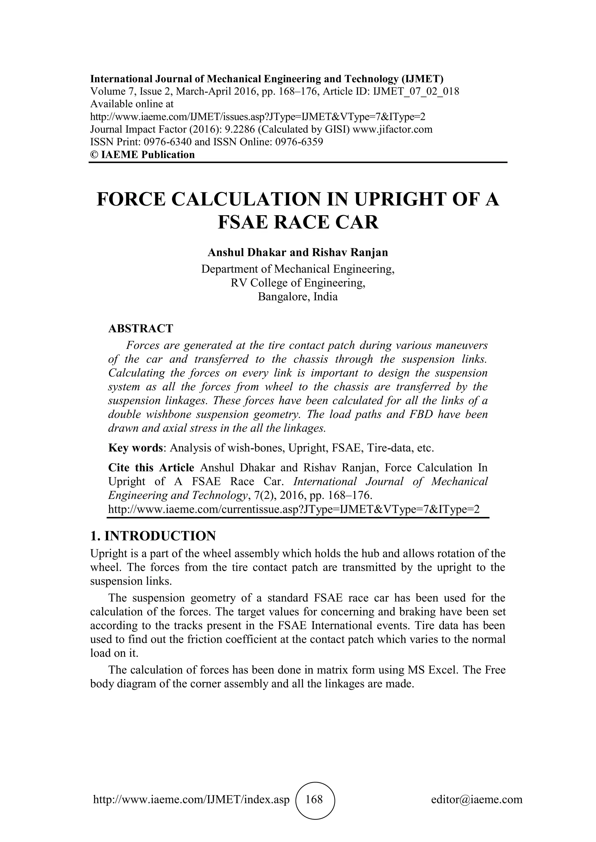 Force Calculation and Analysis of Suspension Linkages in an FSAE Race Car Upright | PDF