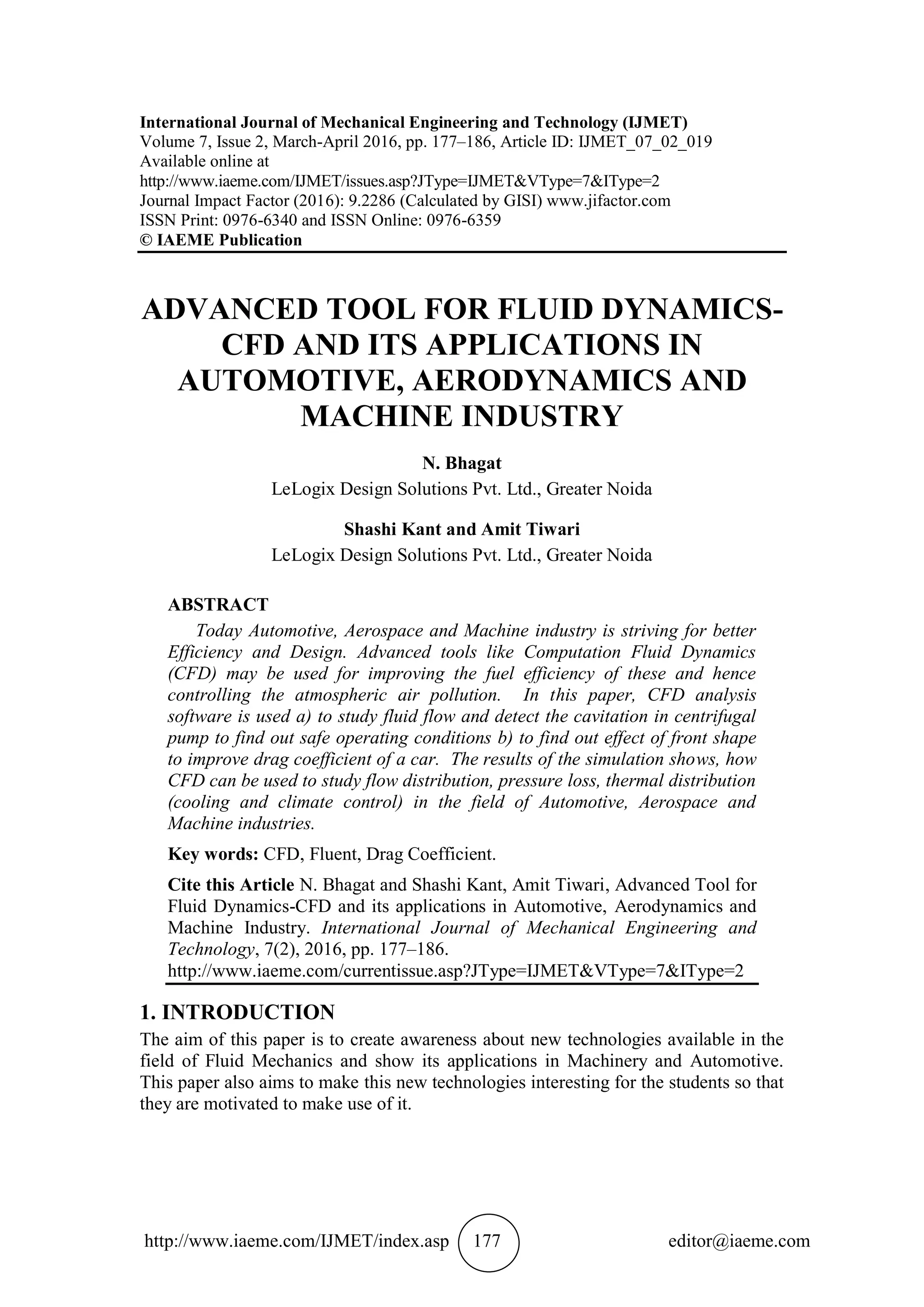ADVANCED TOOL FOR FLUID DYNAMICS-CFD AND ITS APPLICATIONS IN AUTOMOTIVE, AERODYNAMICS AND ...