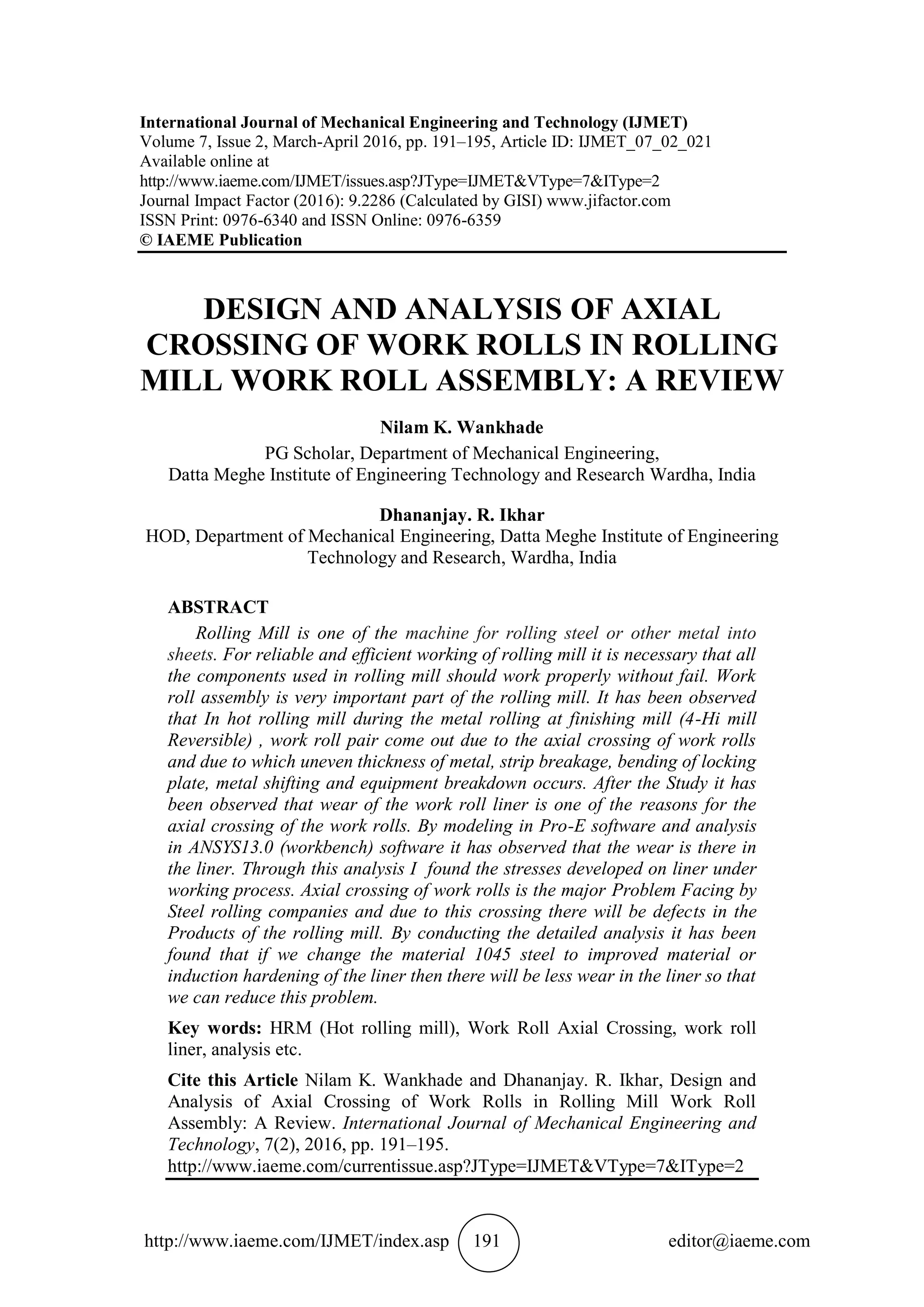 DESIGN AND ANALYSIS OF AXIAL CROSSING OF WORK ROLLS IN ROLLING MILL ...