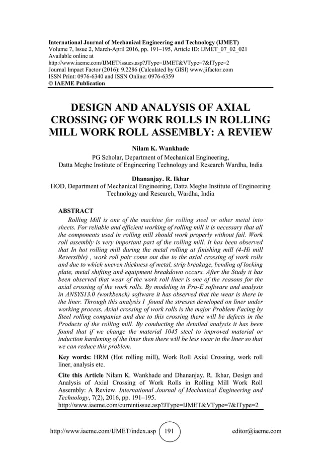 DESIGN AND ANALYSIS OF AXIAL CROSSING OF WORK ROLLS IN ROLLING MILL ...